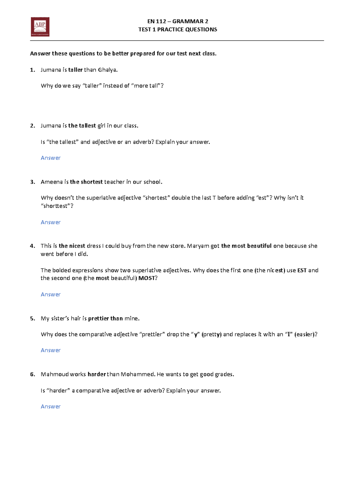 Test Practice Questions Copy EN 112 GRAMMAR 2 TEST 1 PRACTICE test-practice-questions-copy-en-112-grammar-2-test-1-practice