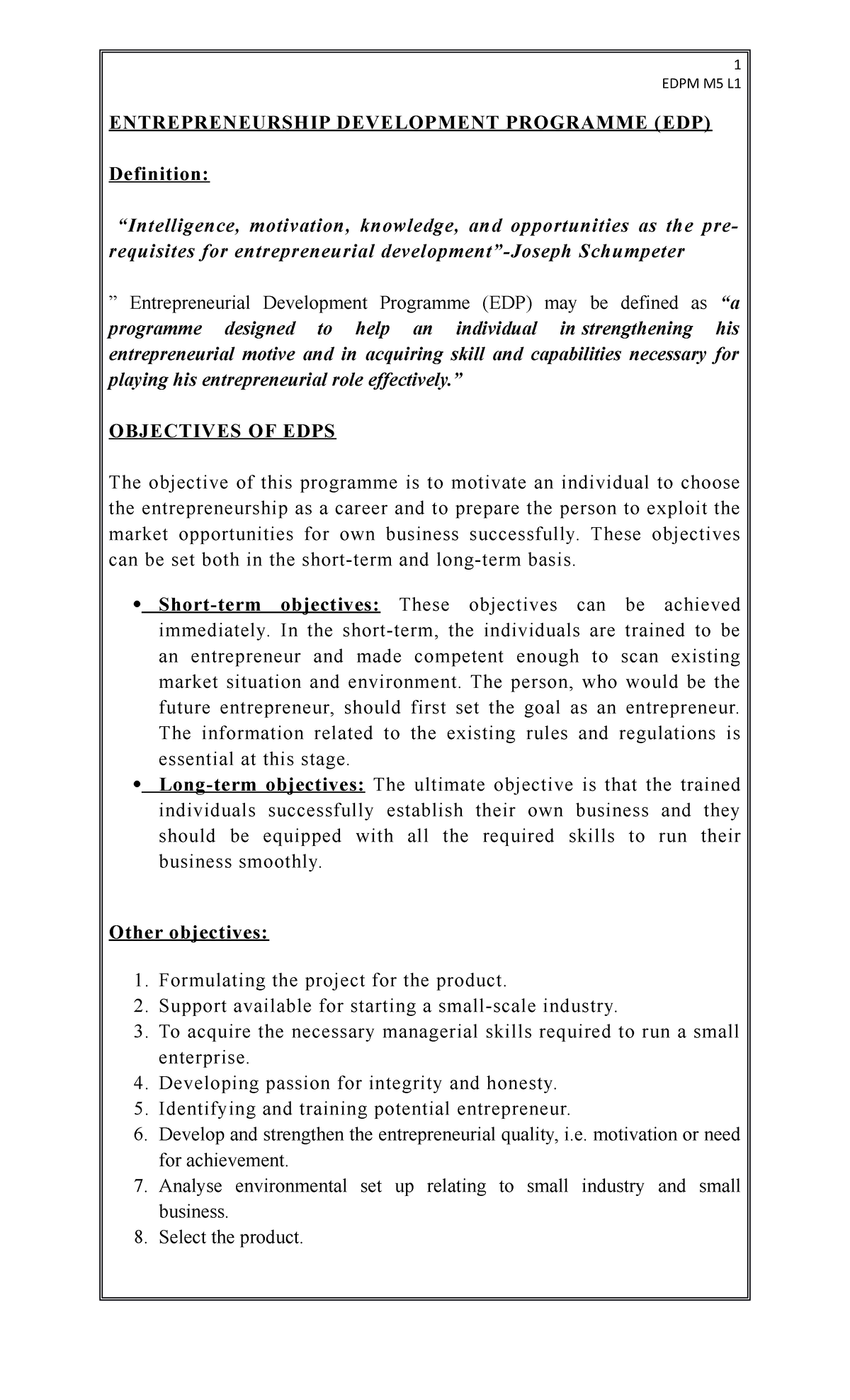 EDPM M5 L1 - edp notes - EDPM M5 L ENTREPRENEURSHIP DEVELOPMENT ...