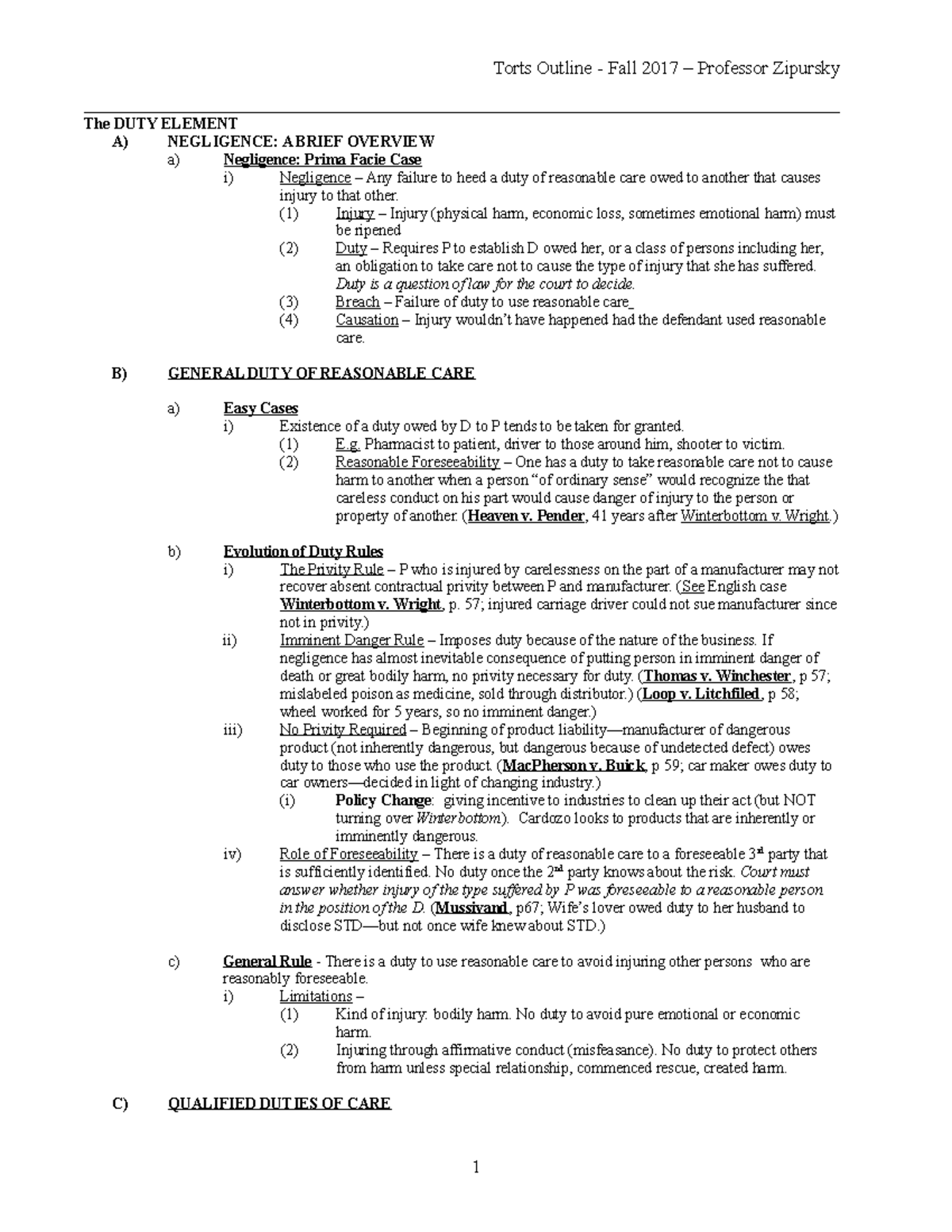 Study Group Torts Outline - The DUTY ELEMENT A) NEGLIGENCE: A BRIEF ...