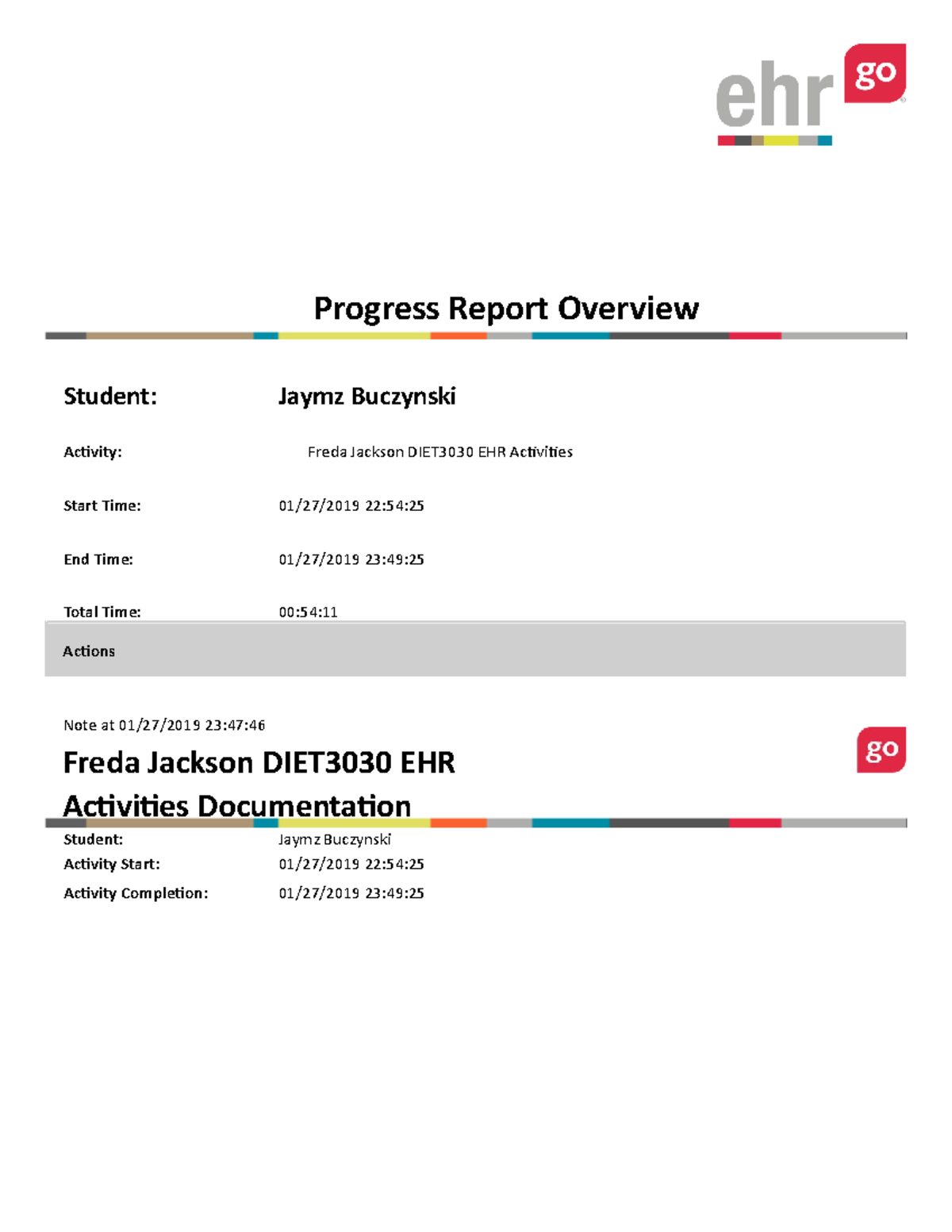 EHR Activity #4 - Progress Report Overview Student: Activity: Jaymz ...