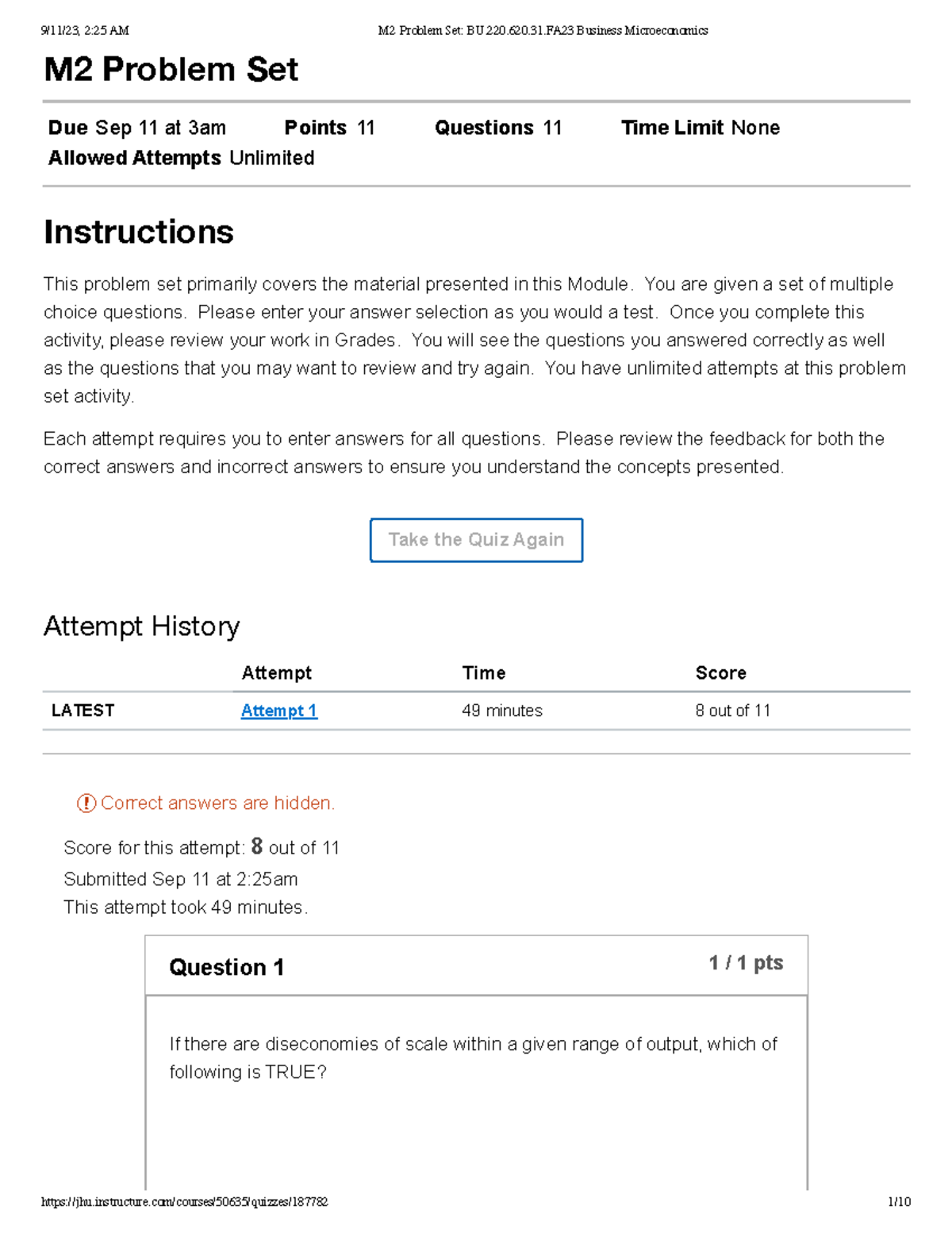 M2 Problem Set BU.220.620.31.FA23 Business Microeconomics - M2 Problem Set Due Sep 11 at 3am ...