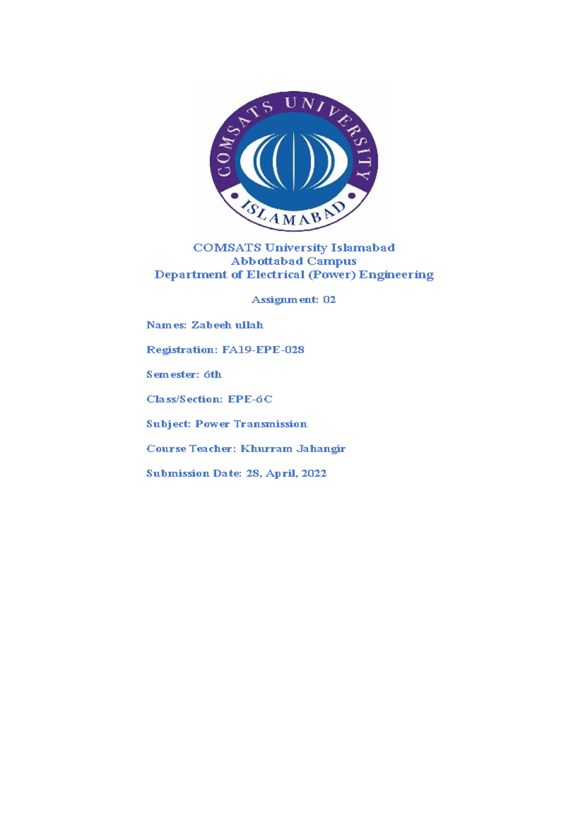 Assignment 02 PE - Power system - COMSATS University Islamabad ... Assignment 02 PE - Power system - COMSATS University Islamabad ...