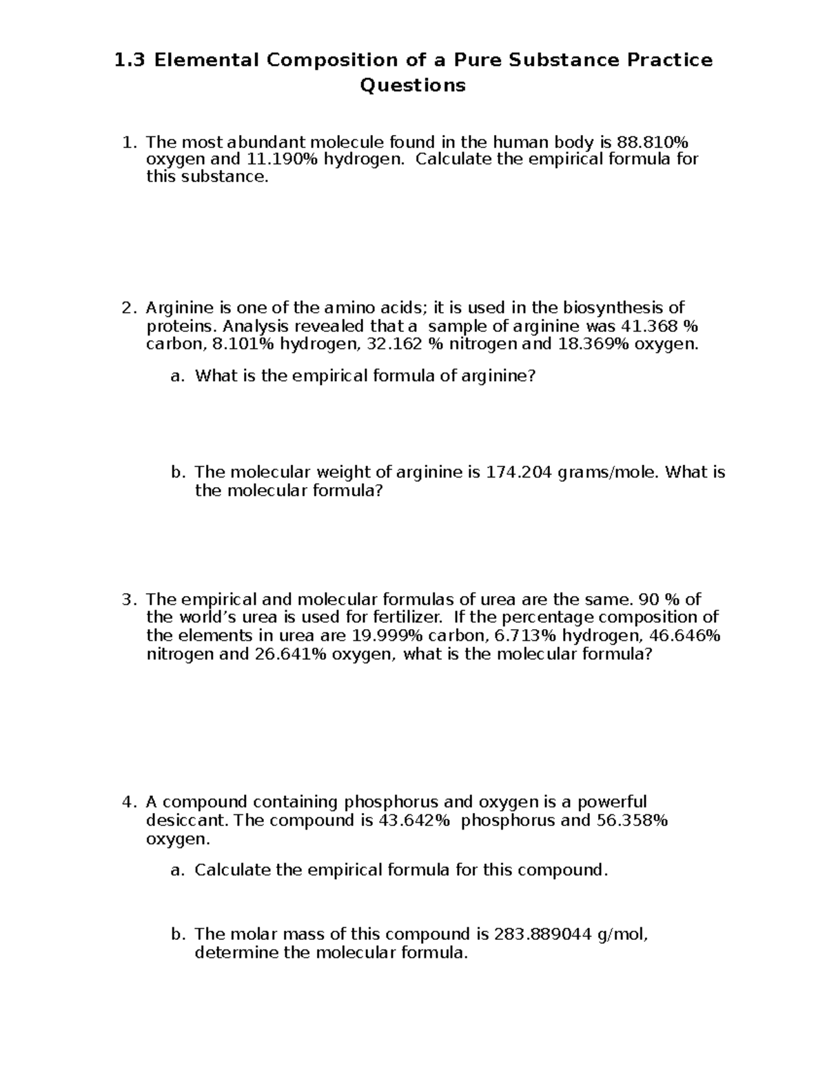 1.3 Elemental Composition of a Pure Substance Practice Questions ...