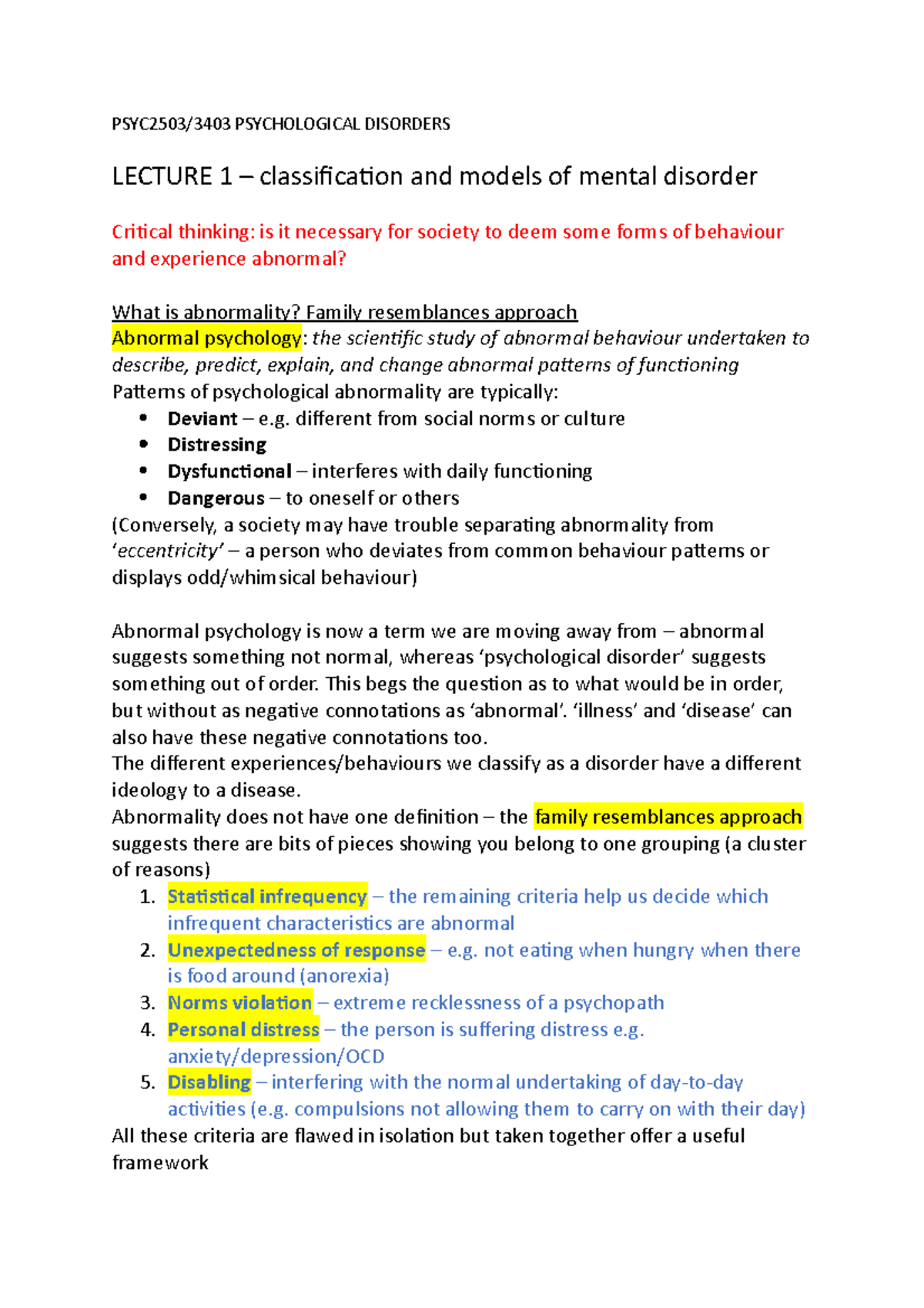 Psychological Disorders: Classification and Models - Studocu