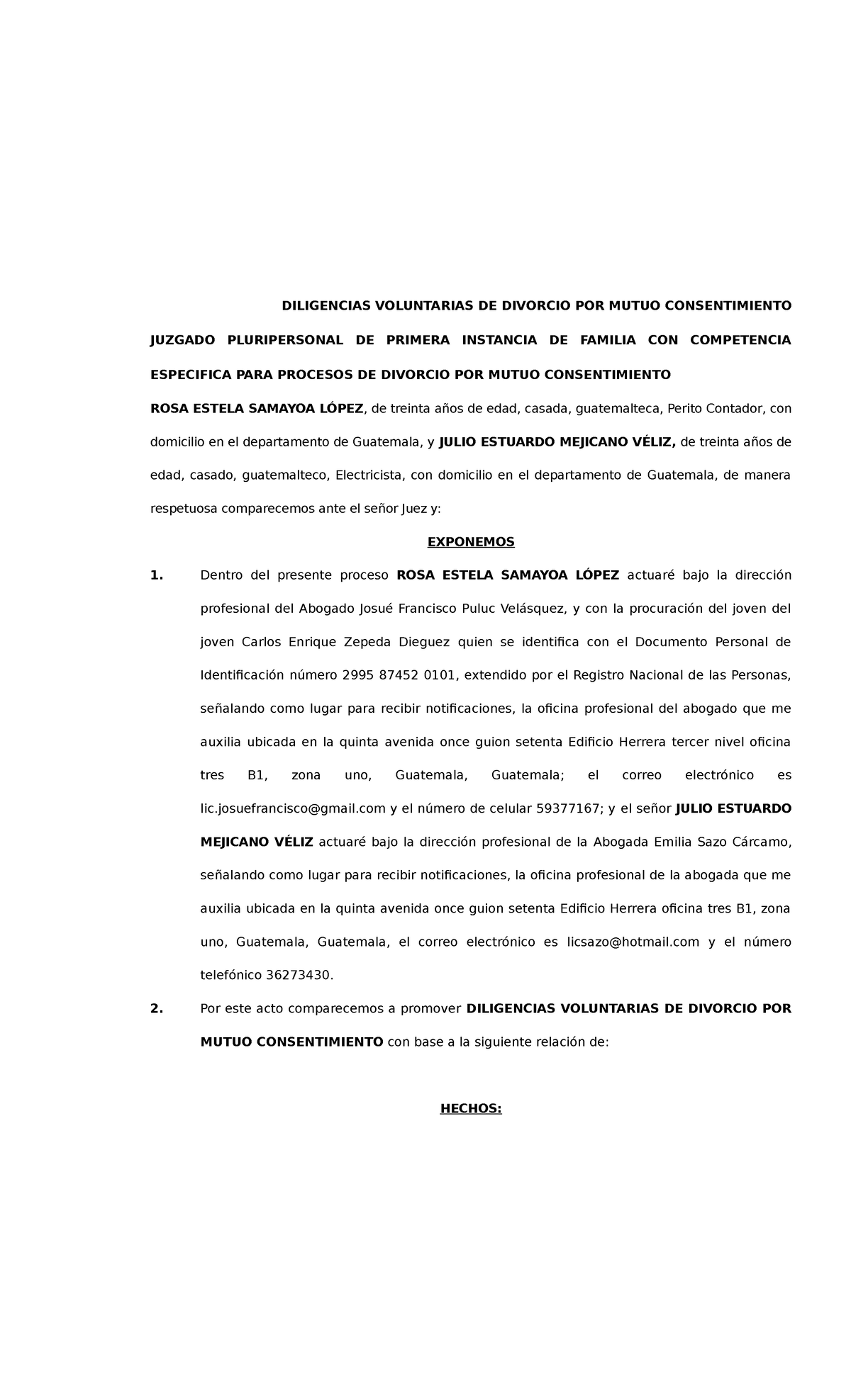 Divorcio ROSA Estela Samayoa - DILIGENCIAS VOLUNTARIAS DE DIVORCIO POR ...