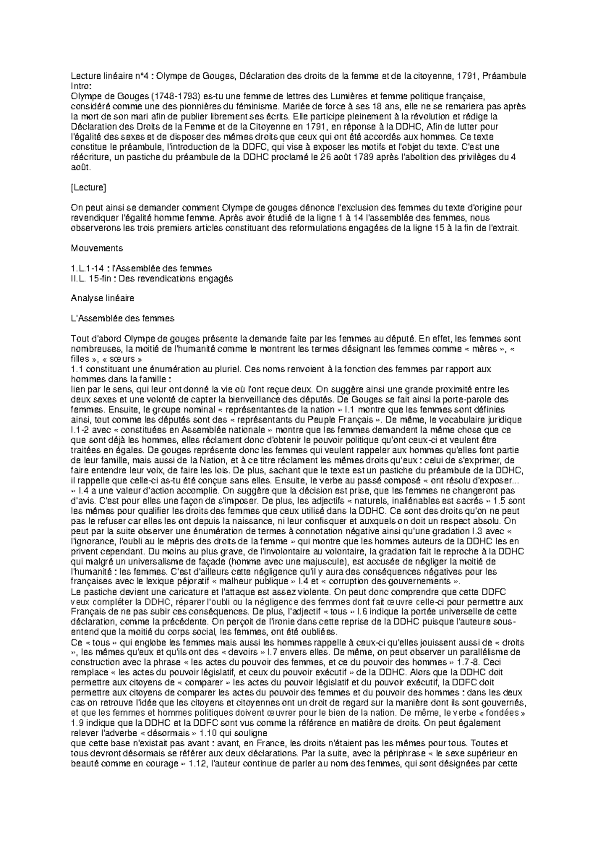 Lecture linéaire n°4 : Olympe de Gouges, Déclaration des droits de la femme et de la citoyenne ...