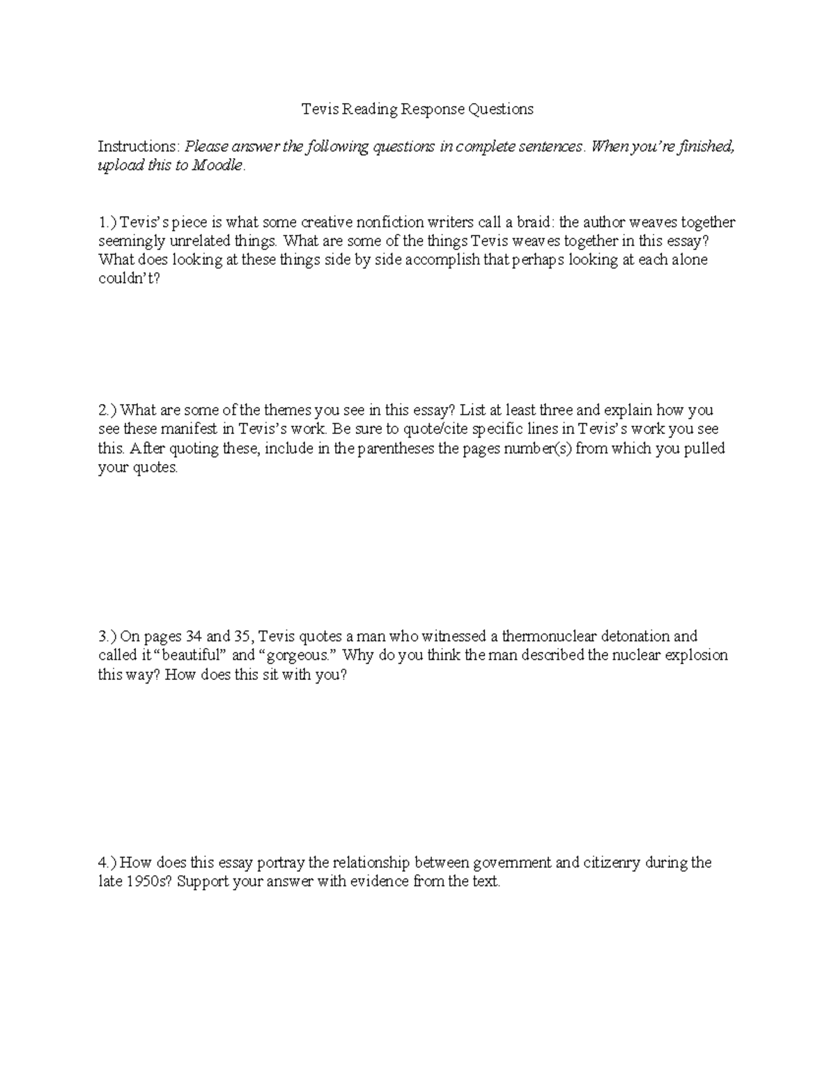 Reading Response Questions - Tevis Reading Response Questions ...