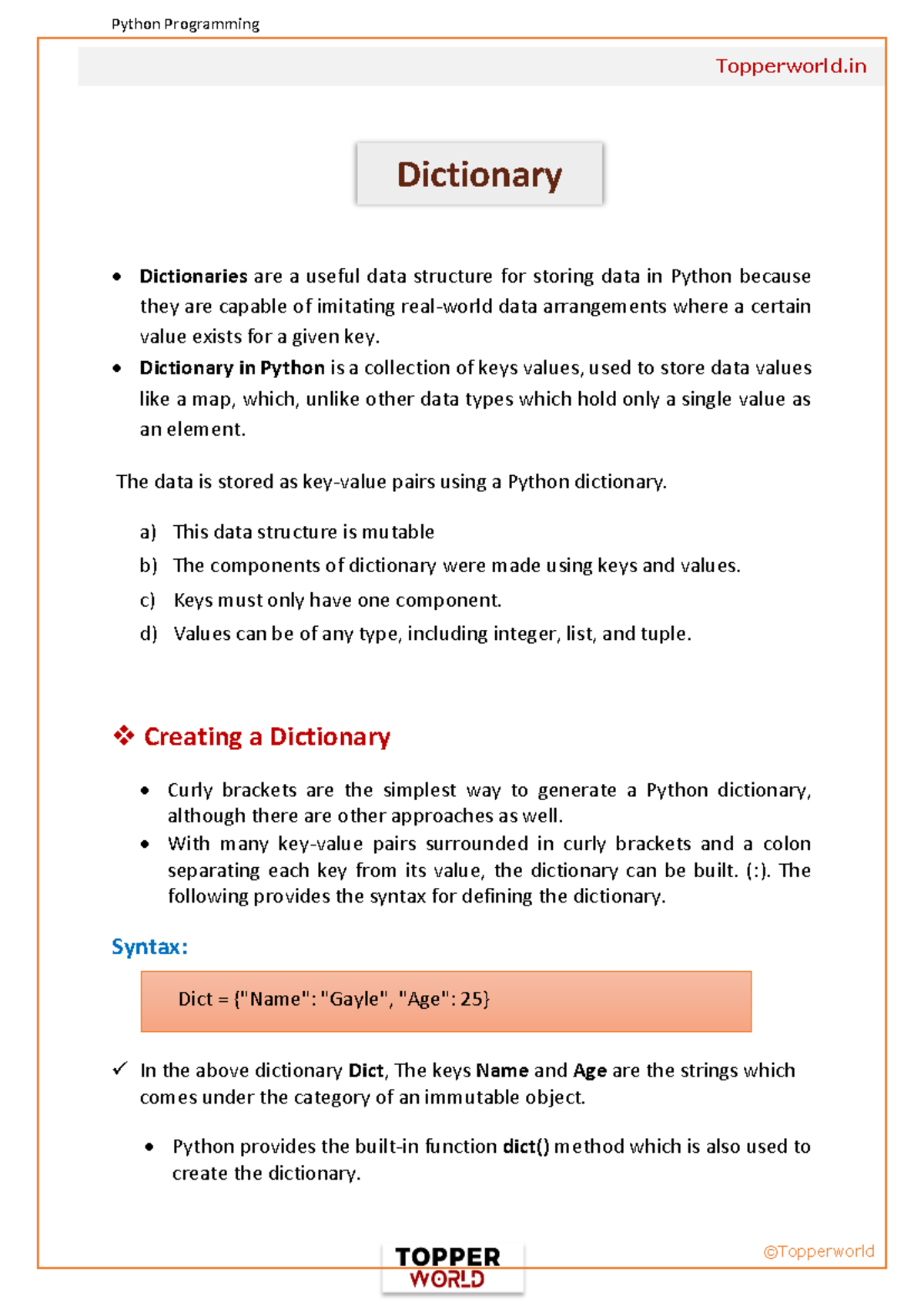 Python Dictionary - it is a good book - Topperworld • Dictionaries are ...