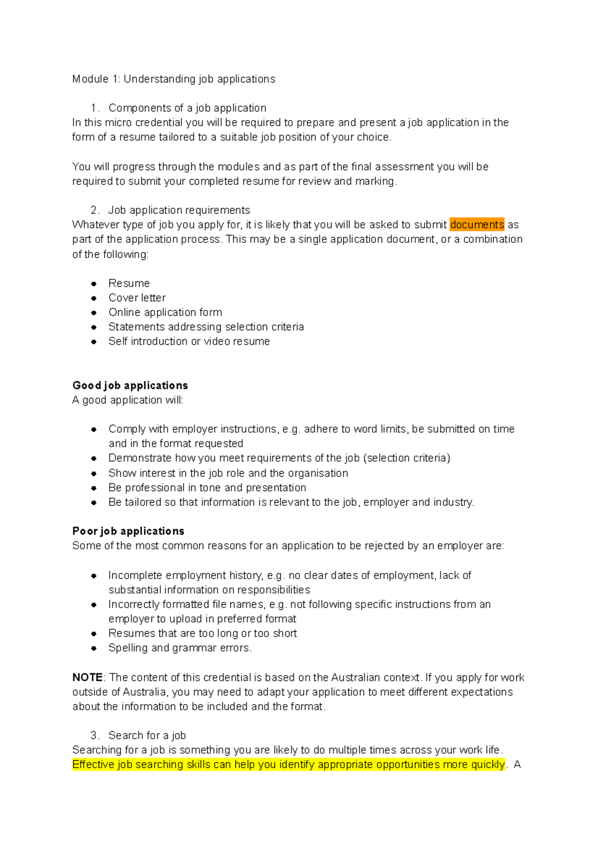 Job Applications - Suggested List of Things to do - Module 1 ...