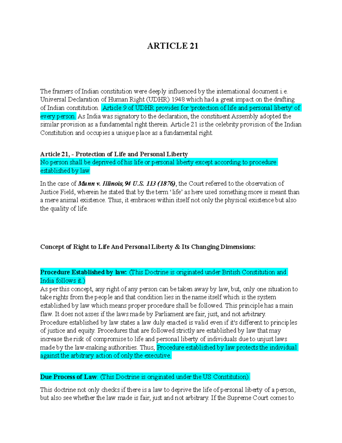 Art 21-1 - ARTICLE 21 The framers of Indian constitution were deeply ...