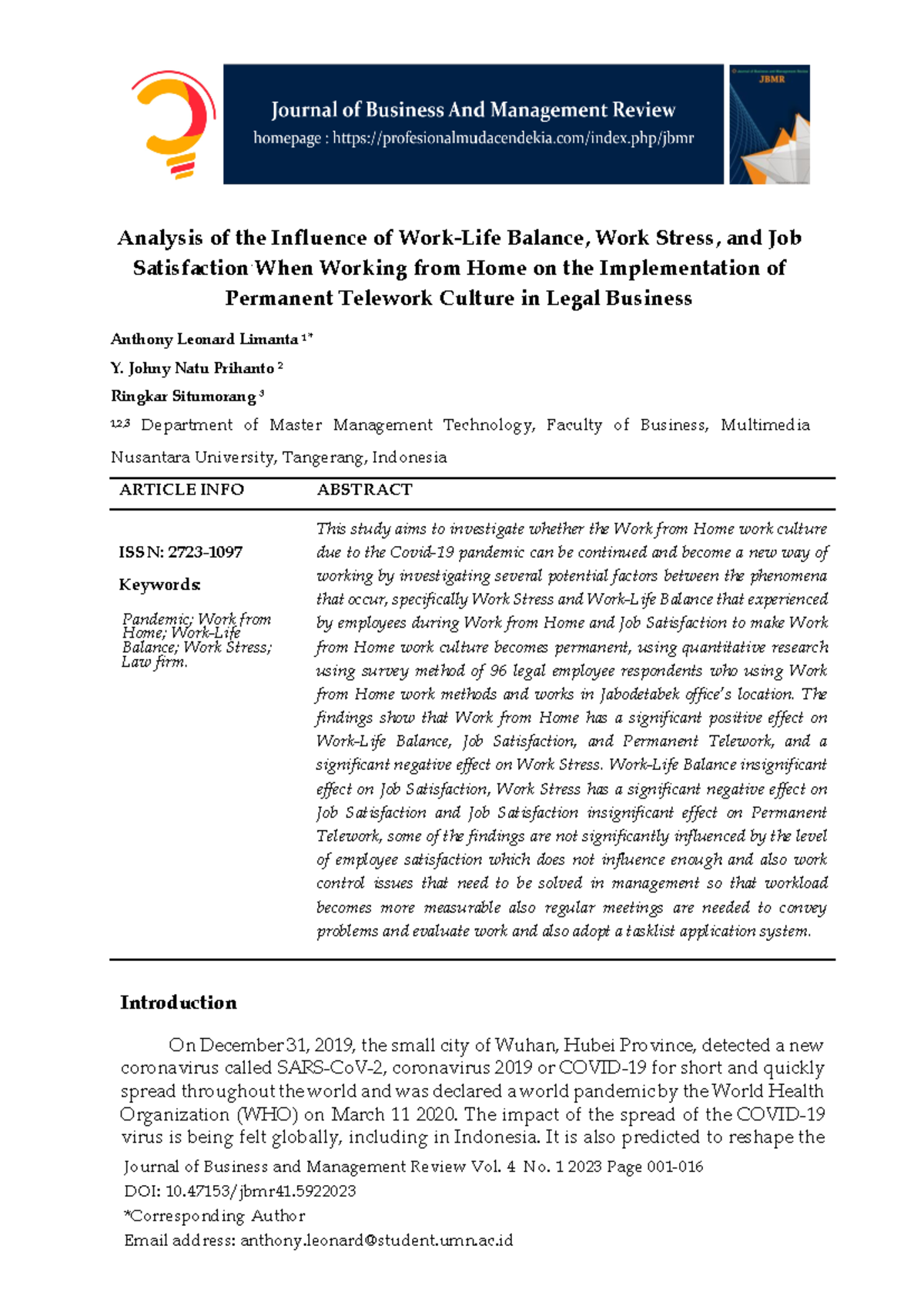 Analysis of the Influence of Work-Life Balance, Work Stress, and Job ...