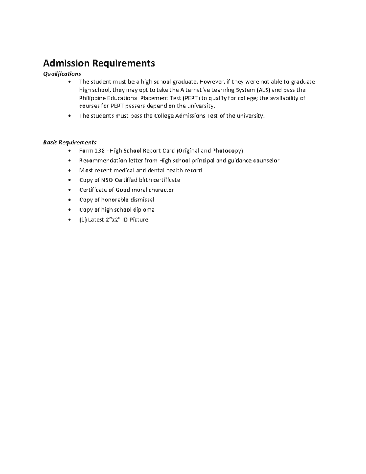 Admission Requirements - Admission Requirements Qualifications • The ...