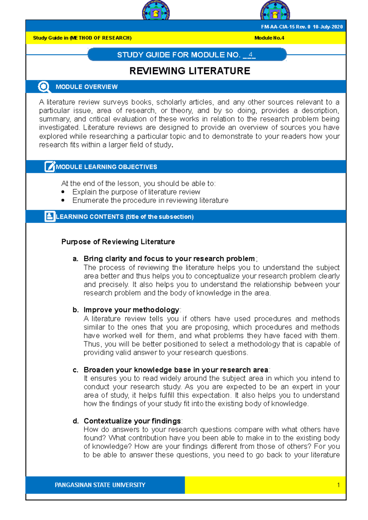 Lesson 4 - Research guide - 4 REVIEWING LITERATURE MODULE OVERVIEW A ...