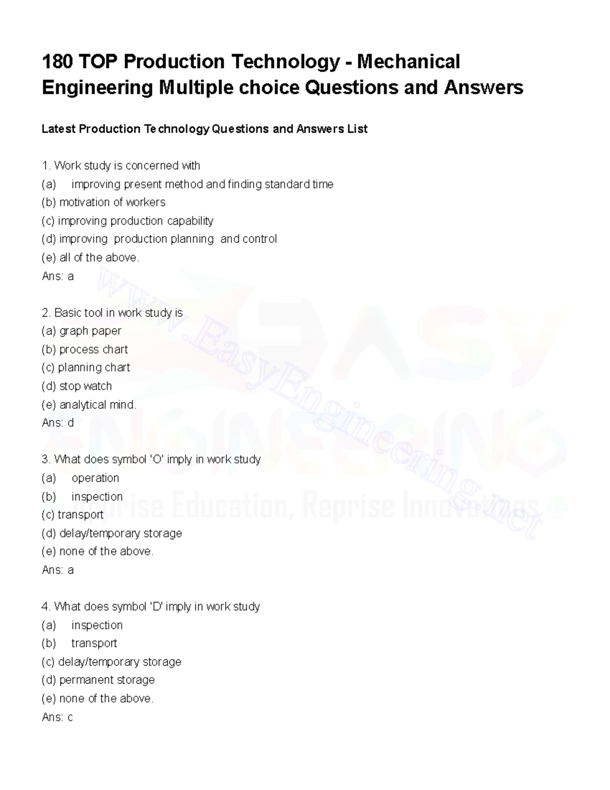 Production Technology MCQ PDF - 180 TOP Production Technology ...