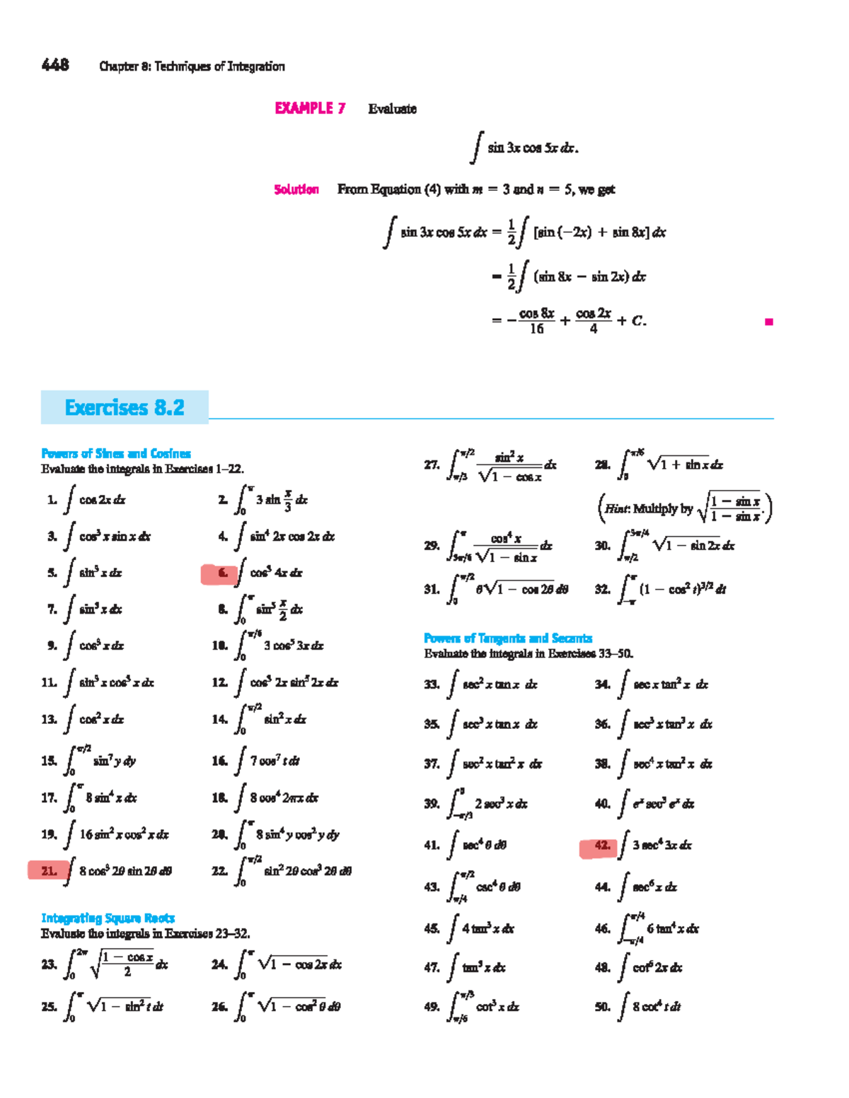 Trigonometric Integrals Exercises - 448 Chapter 8: Techniques of Integration EXAMPLE 7 Evaluate ...