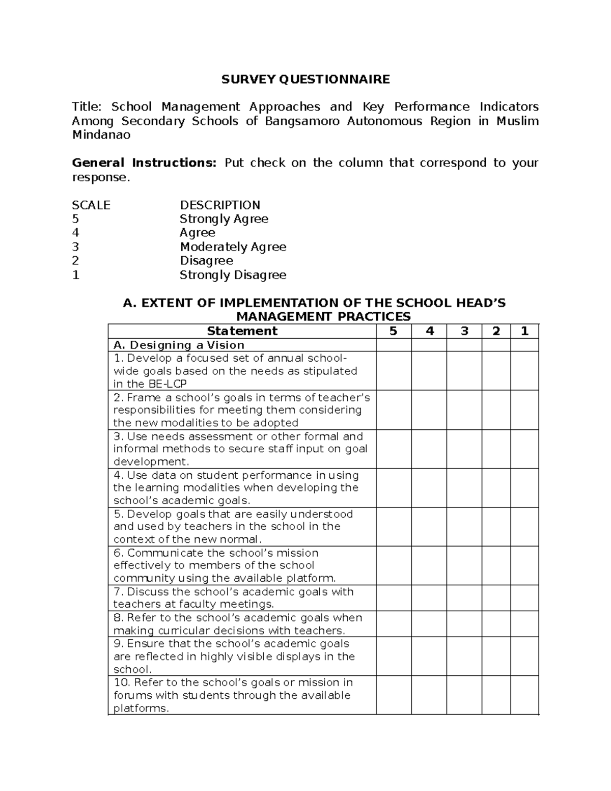 Sel-made survey - SURVEY QUESTIONNAIRE Title: School Management ...