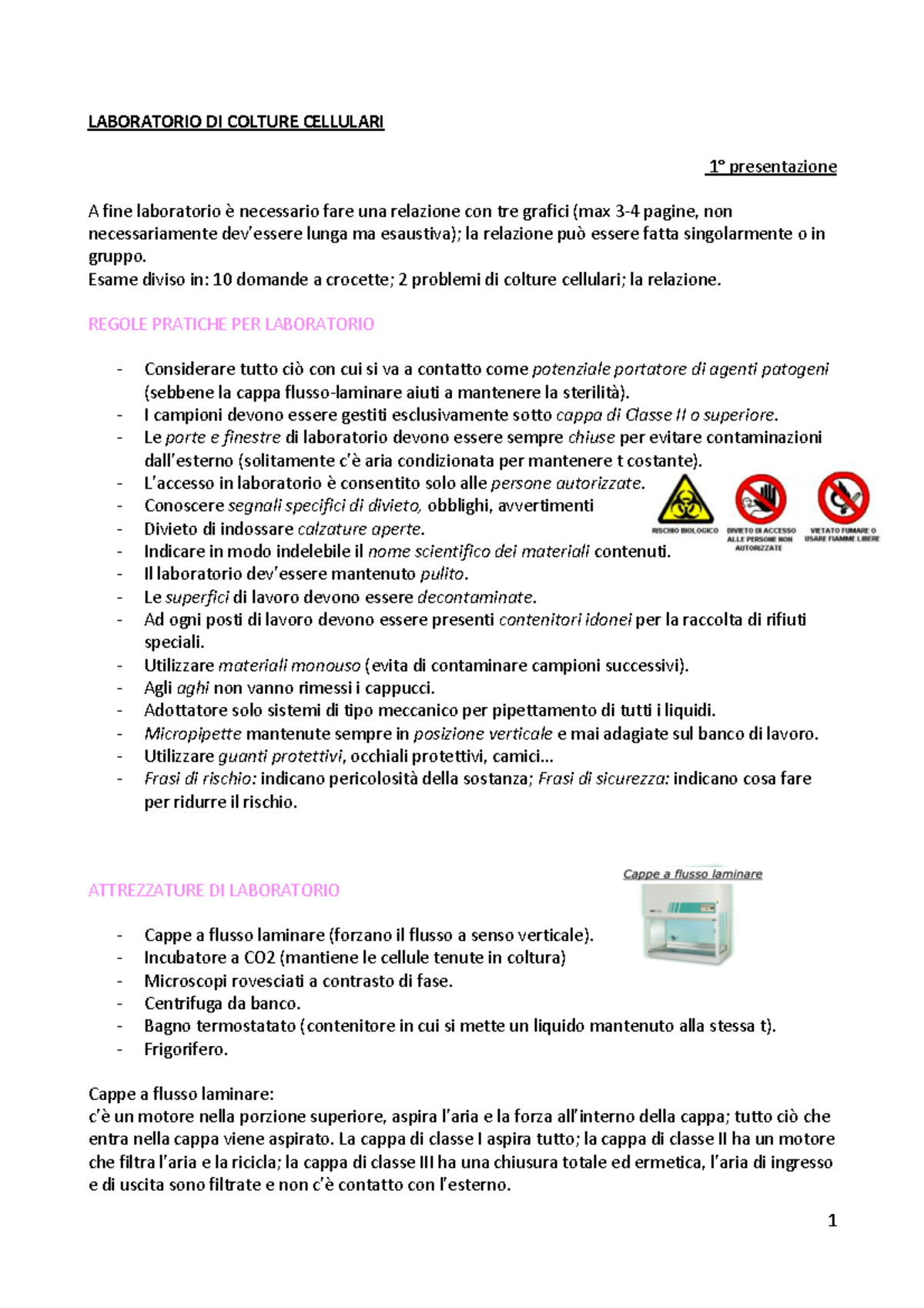 Laboratorio DI Colture Cellulari - LABORATORIO DI COLTURE CELLULARI 1° presentazione A fine ...