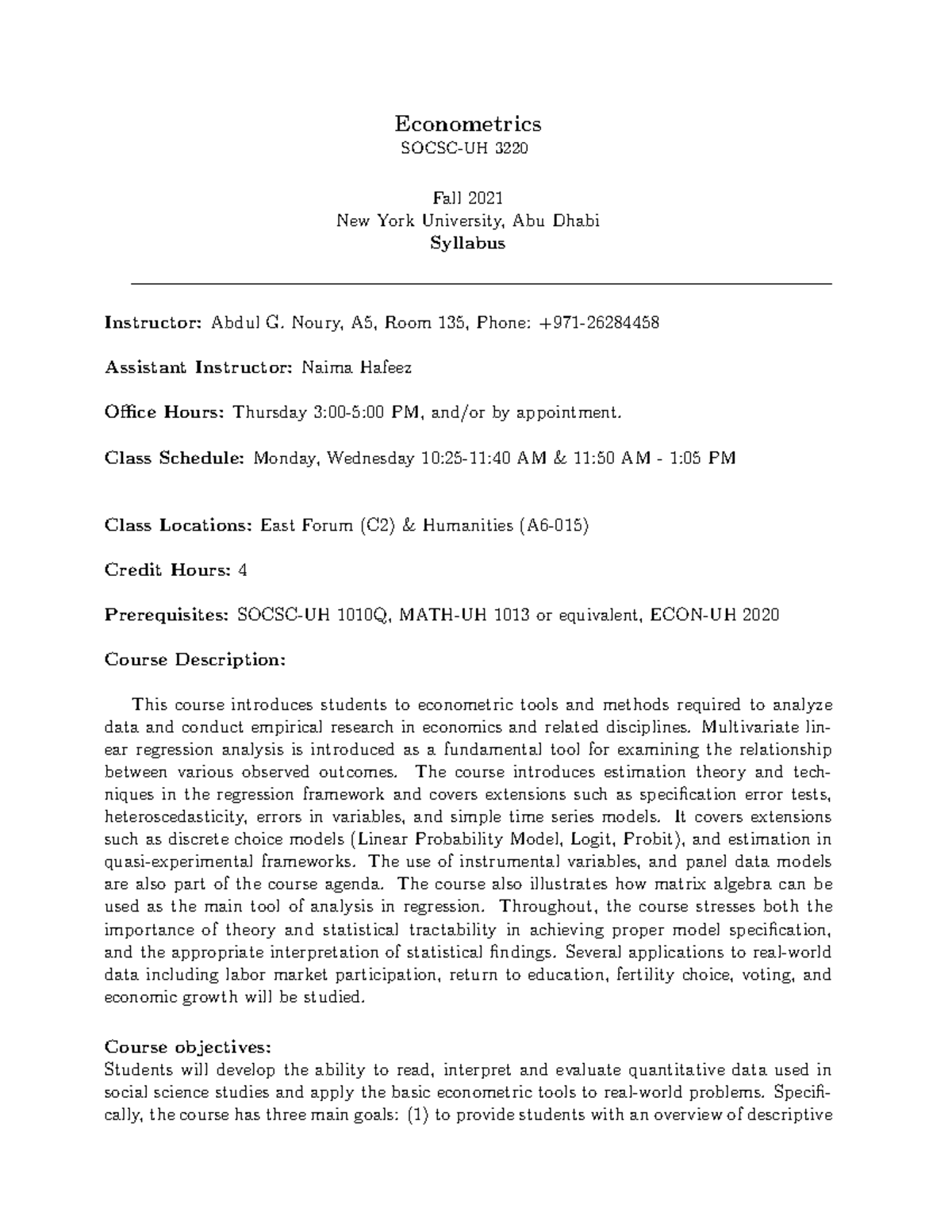 Econometrics-Syllabus-2021 - Econometrics SOCSC-UH 3220 Fall 2021 New York University, Abu Dhabi ...