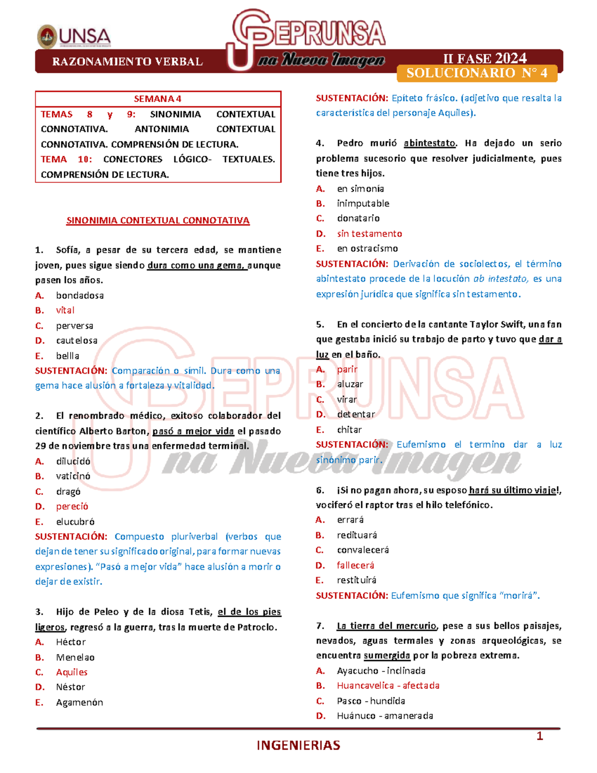 Solucionario 4 Razonamiento Verbal II FASE 2024 - 1 SOLUCIONARIO N° 4 ...