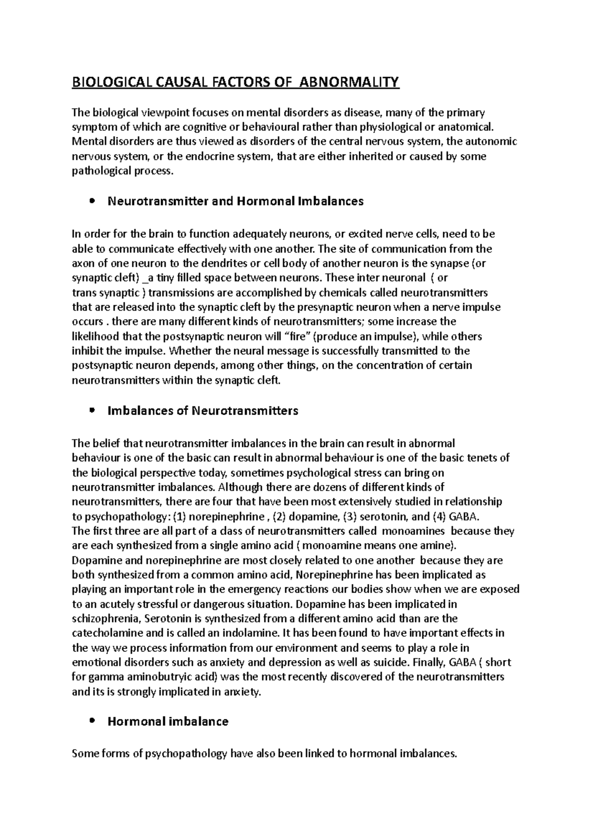 Abnormal Psychology Biological Causal Factor OF Abnormalty - BIOLOGICAL ...