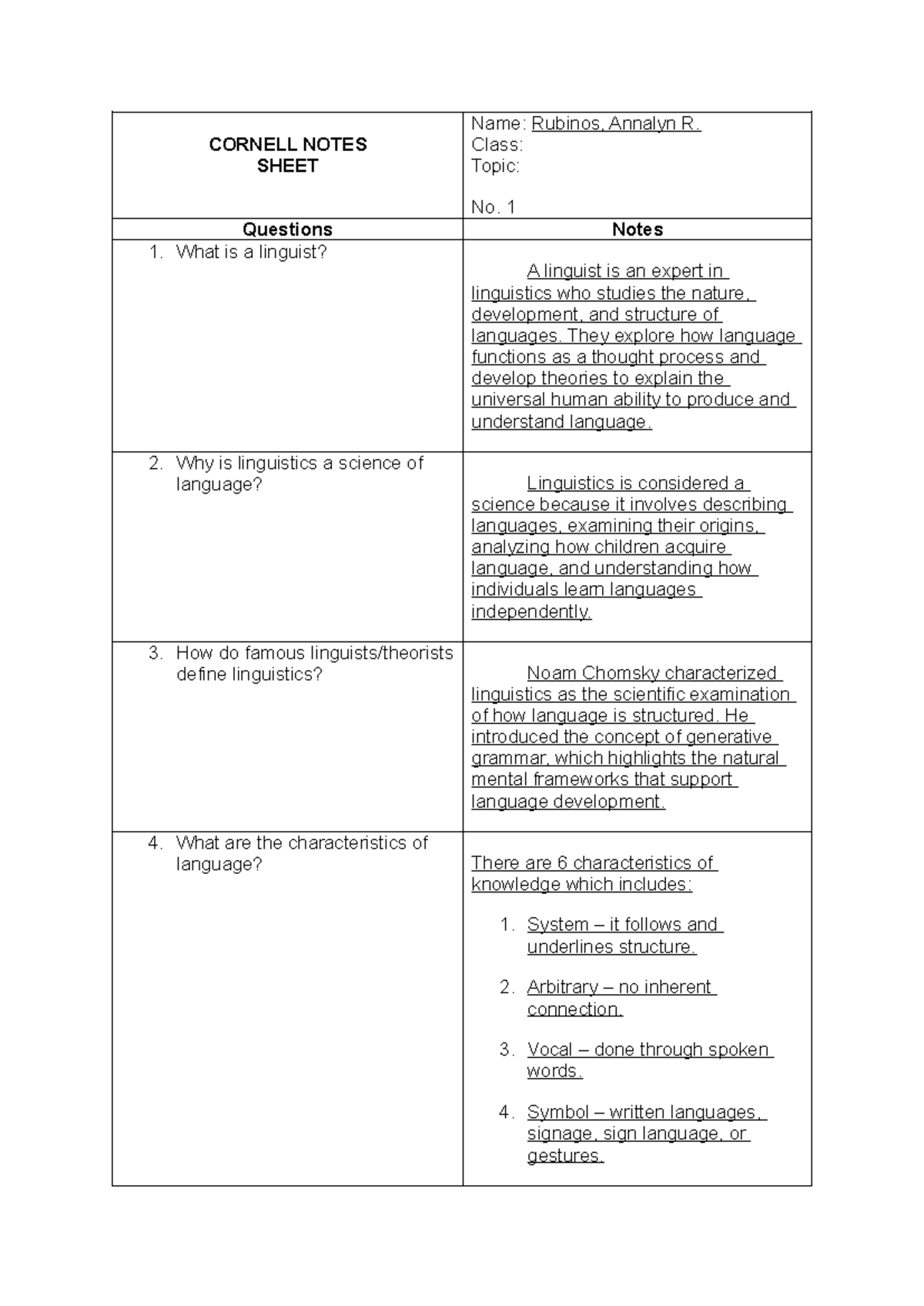 Cornell- Notes- Sheet-1 - CORNELL NOTES SHEET Name: Rubinos, Annalyn R ...