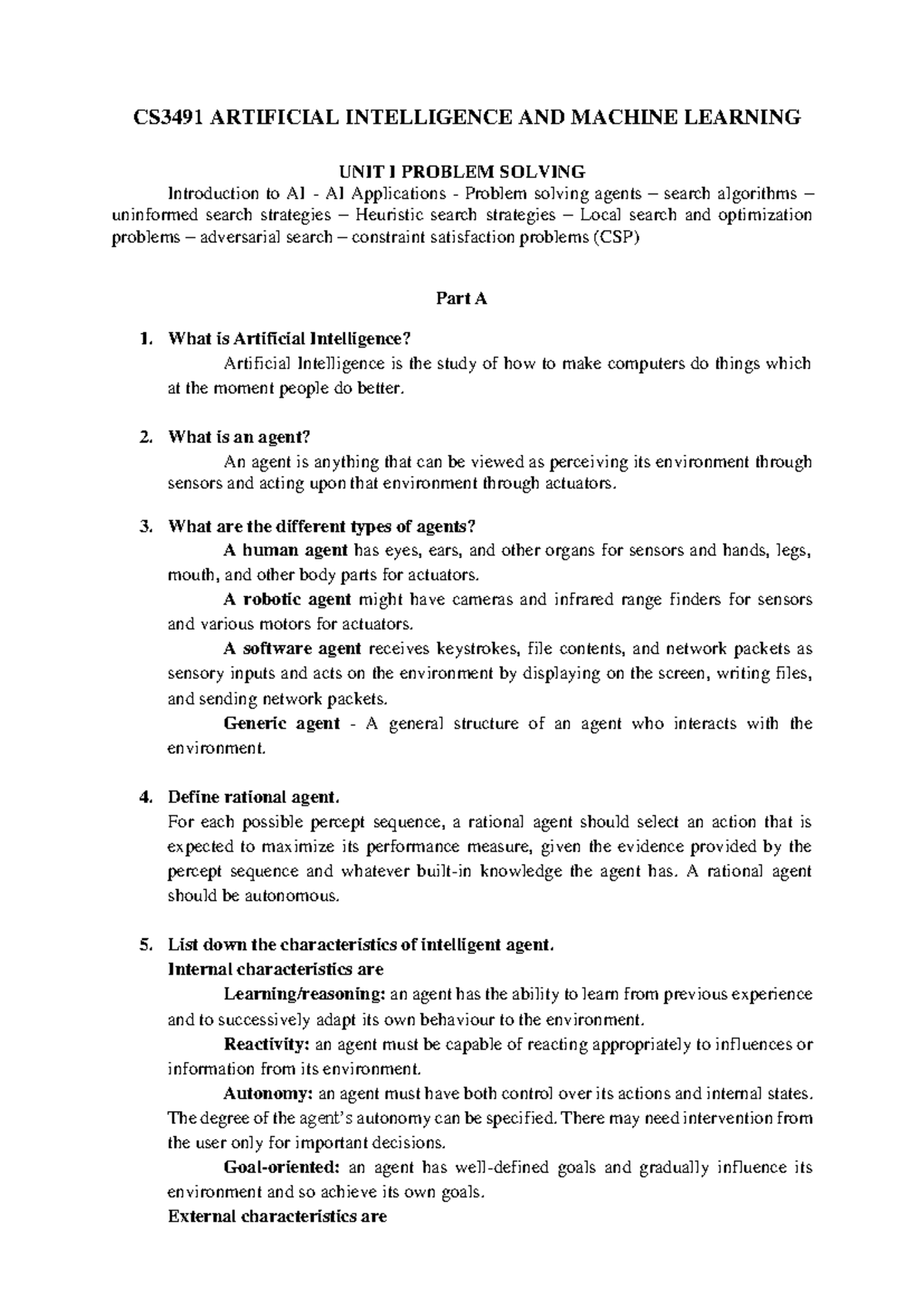 CS3491 AI ML Part A - 2 mark Questions - CS3491 ARTIFICIAL INTELLIGENCE AND MACHINE LEARNING ...