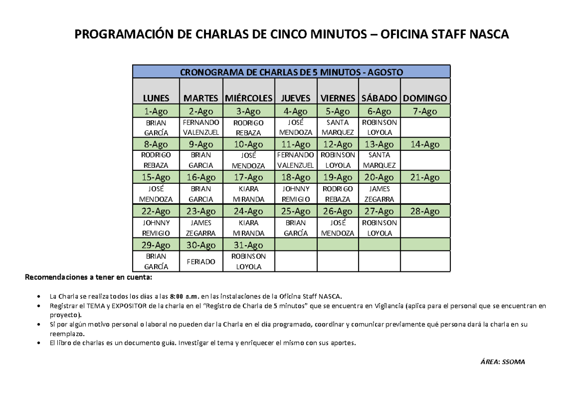 ProgramacióN DE Charlas DE Cinco Minutos - Punlicacion - PROGRAMACI”N ...