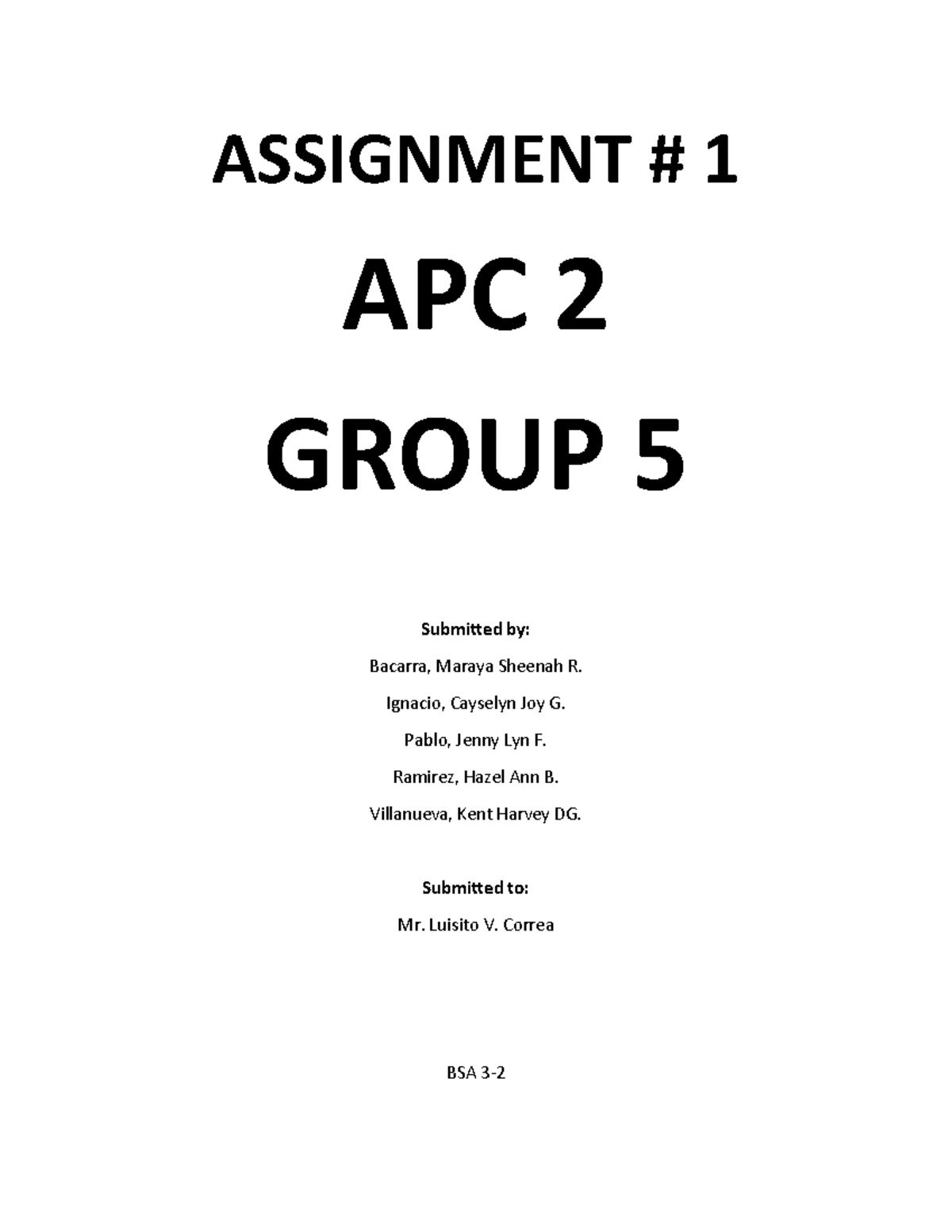 Practice Material MVCQ - ASSIGNMENT # 1 APC 2 GROUP 5 Submitted by: Bacarra, Maraya Sheenah R ...