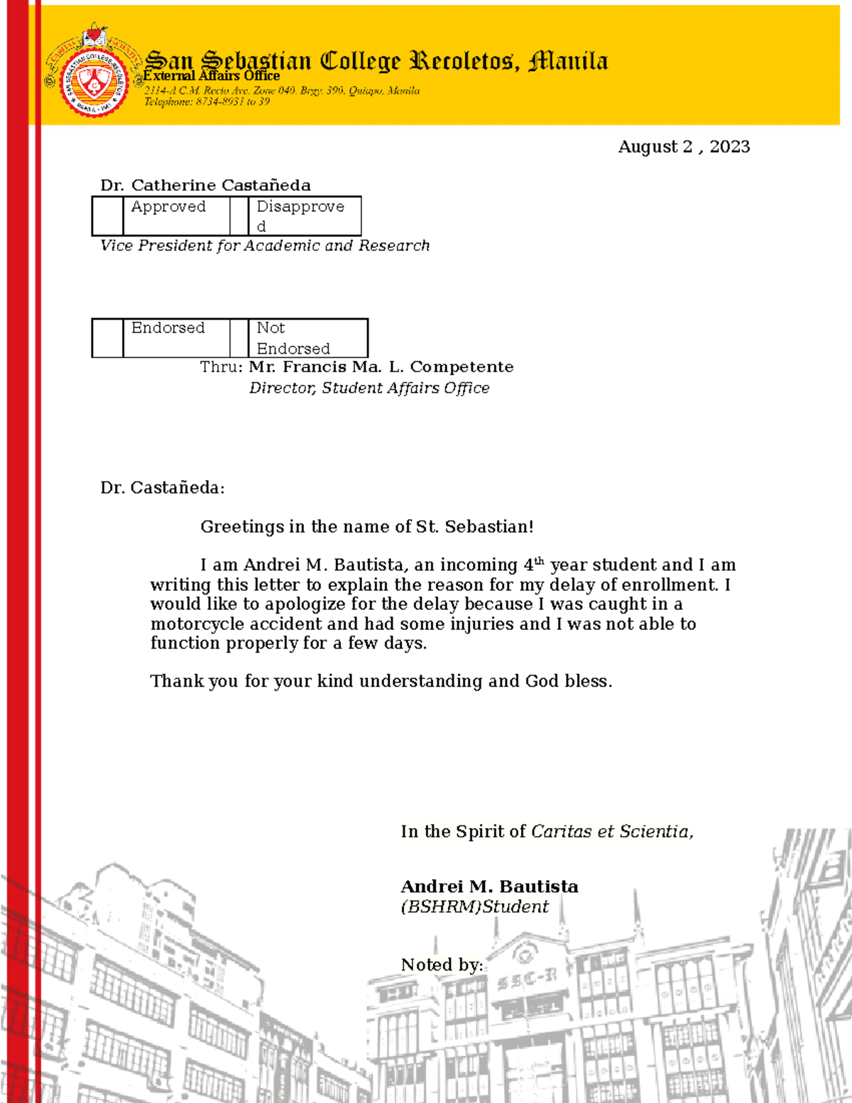 Template of excuse letter for late enrollees - August 2 , 2023 Dr ...