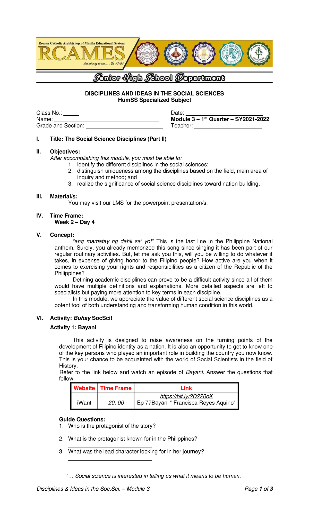 DISS Module 3 The Social Science Disciplines Part II - “... Social ...