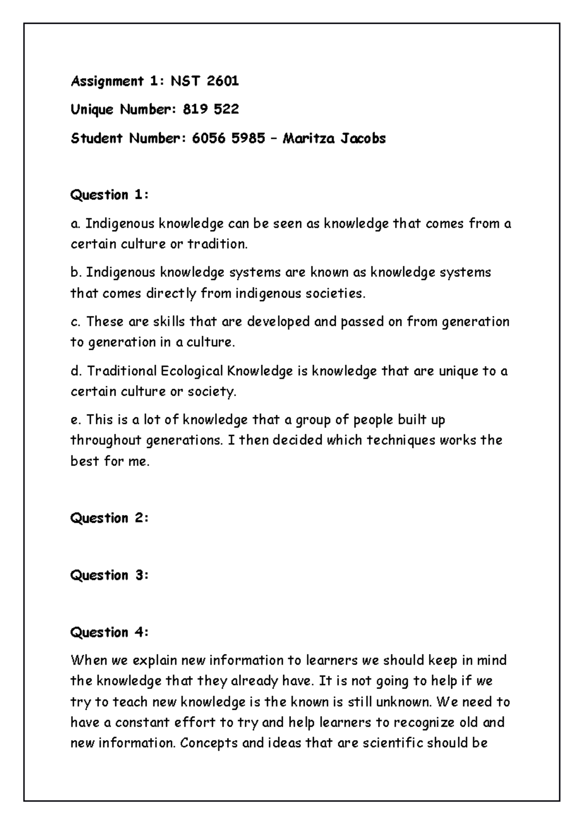 NST 2601 Assignment 1 - Assignment 1: NST 2601 Unique Number: 819 522 Student Number: 6056 5985 ...