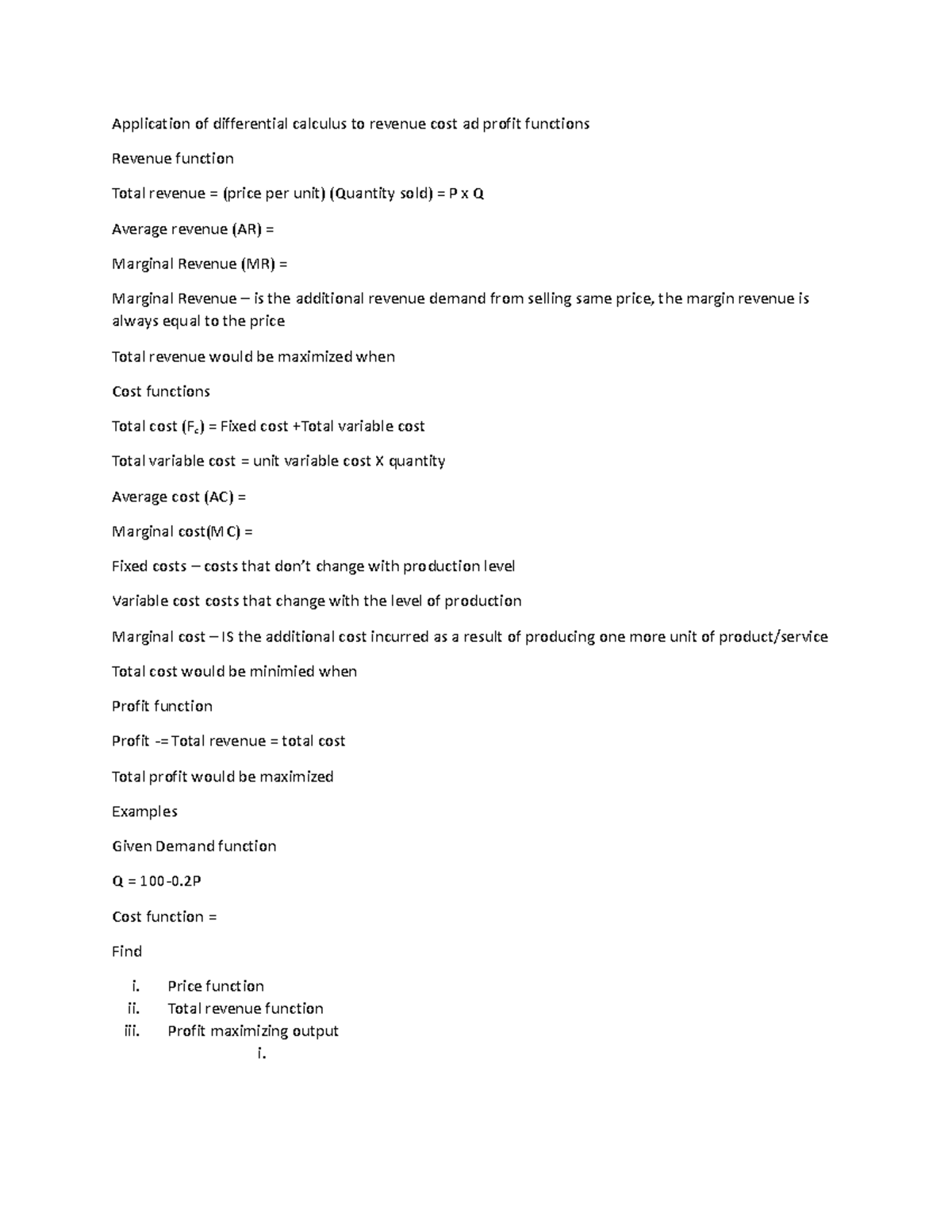 Application of differential calculus to revenue cost ad profit ...