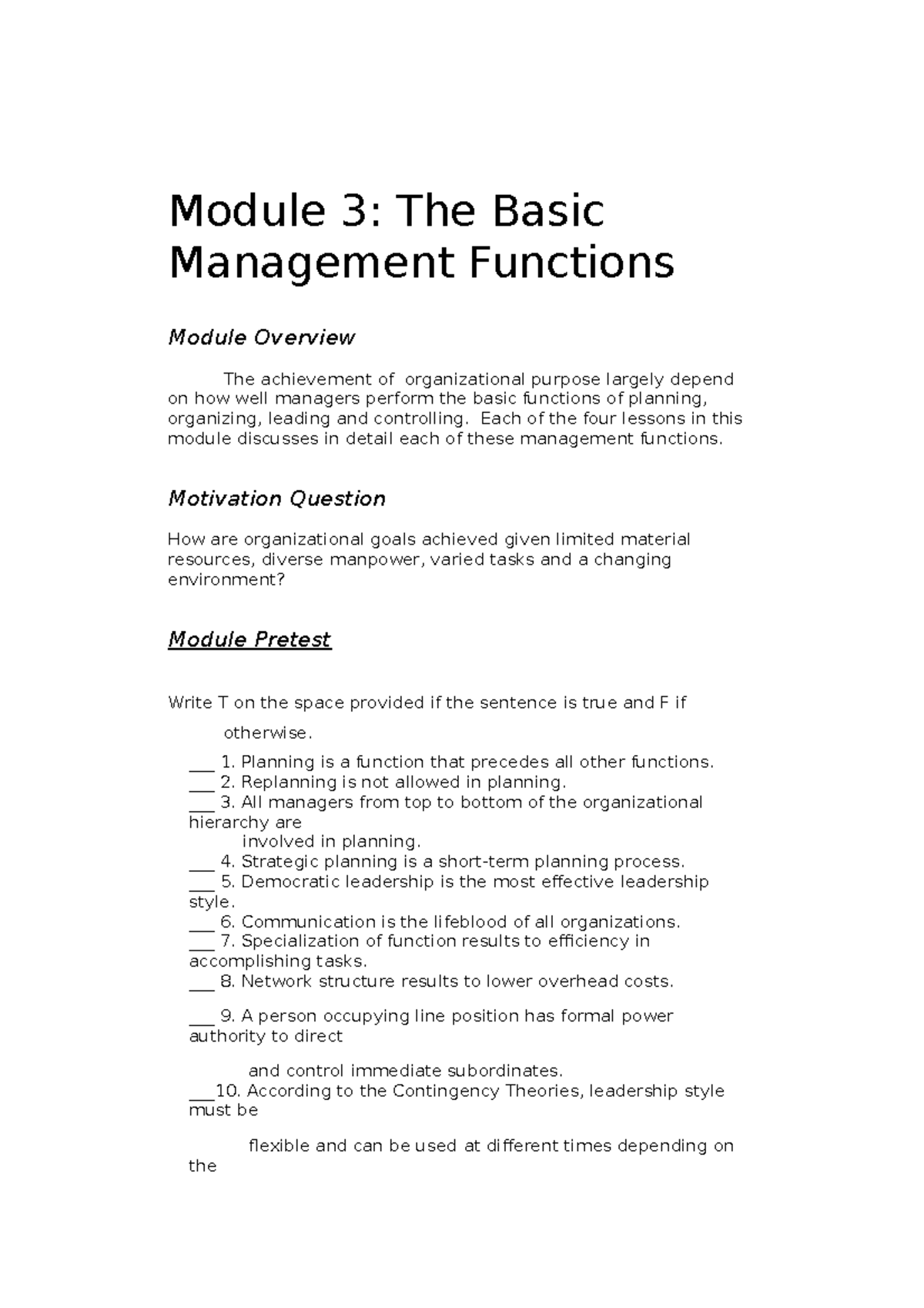 MGMT201 3rd4th Modules - Module 3: The Basic Management Functions Module Overview The ...