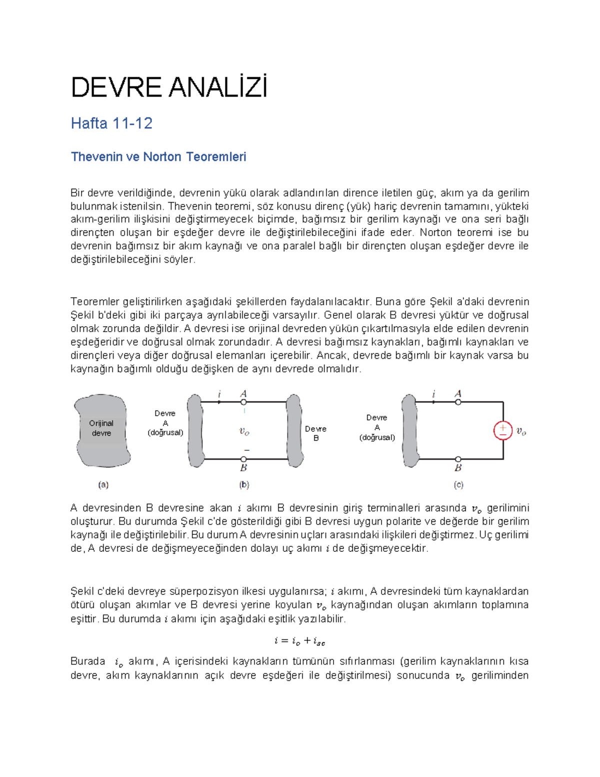 Devre ANALİZİ hafta 11 - DEVRE ANALİZİ Hafta 11- Thevenin ve Norton ...