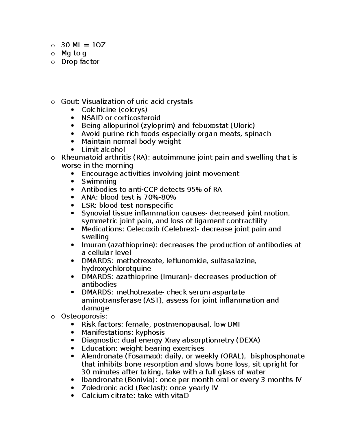 MS123 exam 5 - MH EXAM 5 HELP - o 30 ML = 1OZ o Mg to g o Drop factor o ...