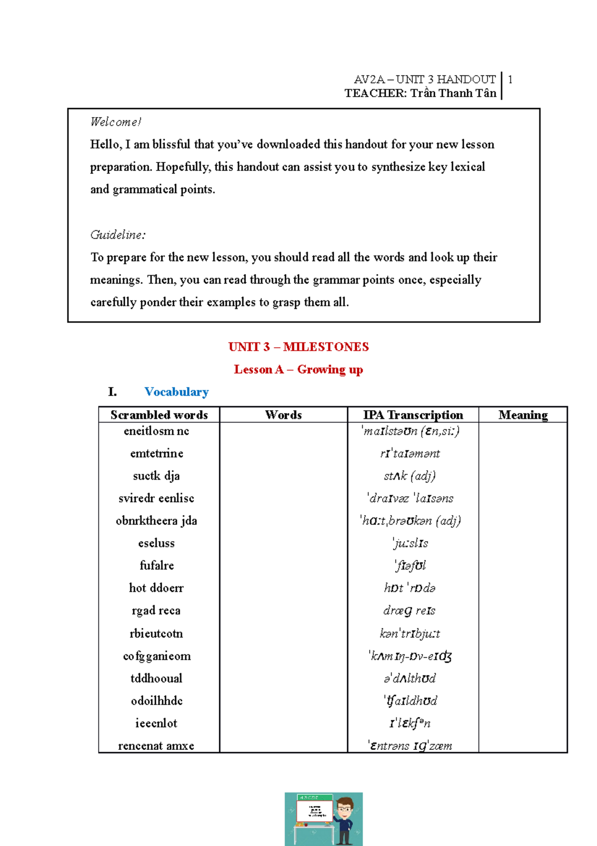 Handout - Unit 3 - Lesson A - TEACHER: Trần Thanh Tân Welcome! Hello, I ...