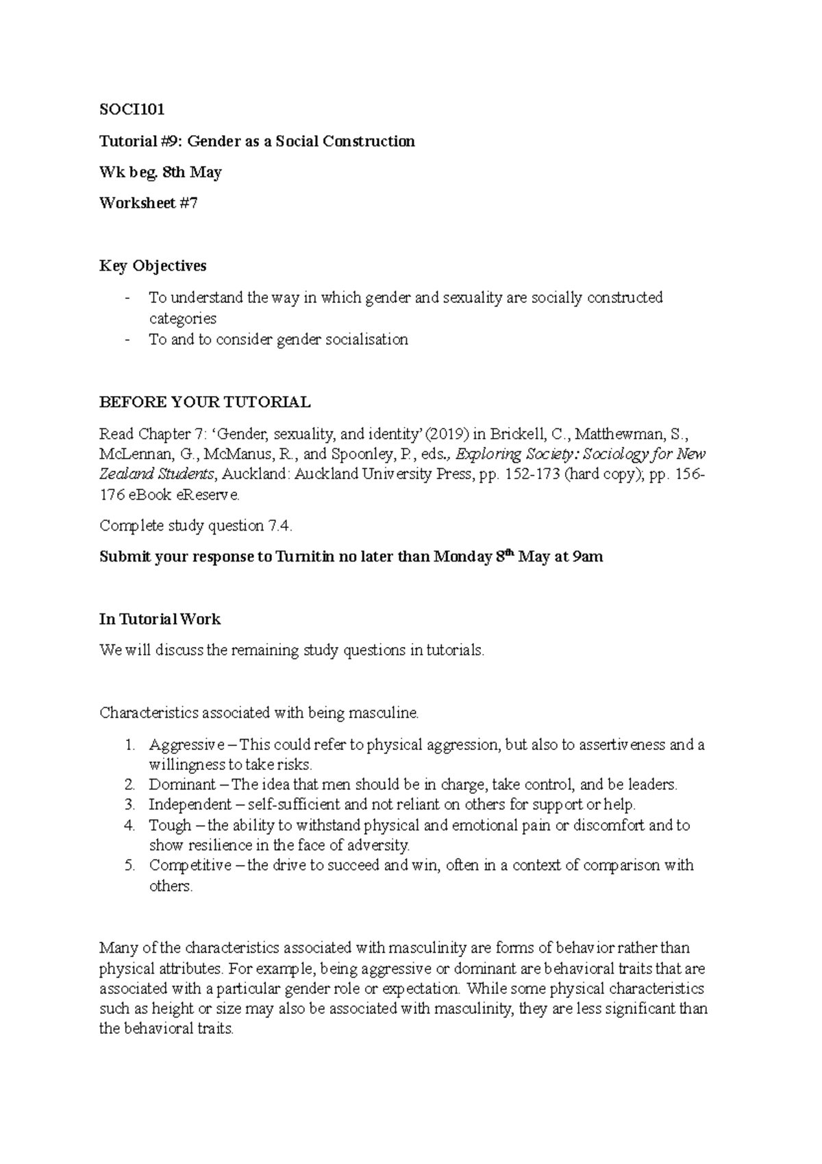 Tutorial Worksheet #9 - SOCI Tutorial #9: Gender as a Social ...