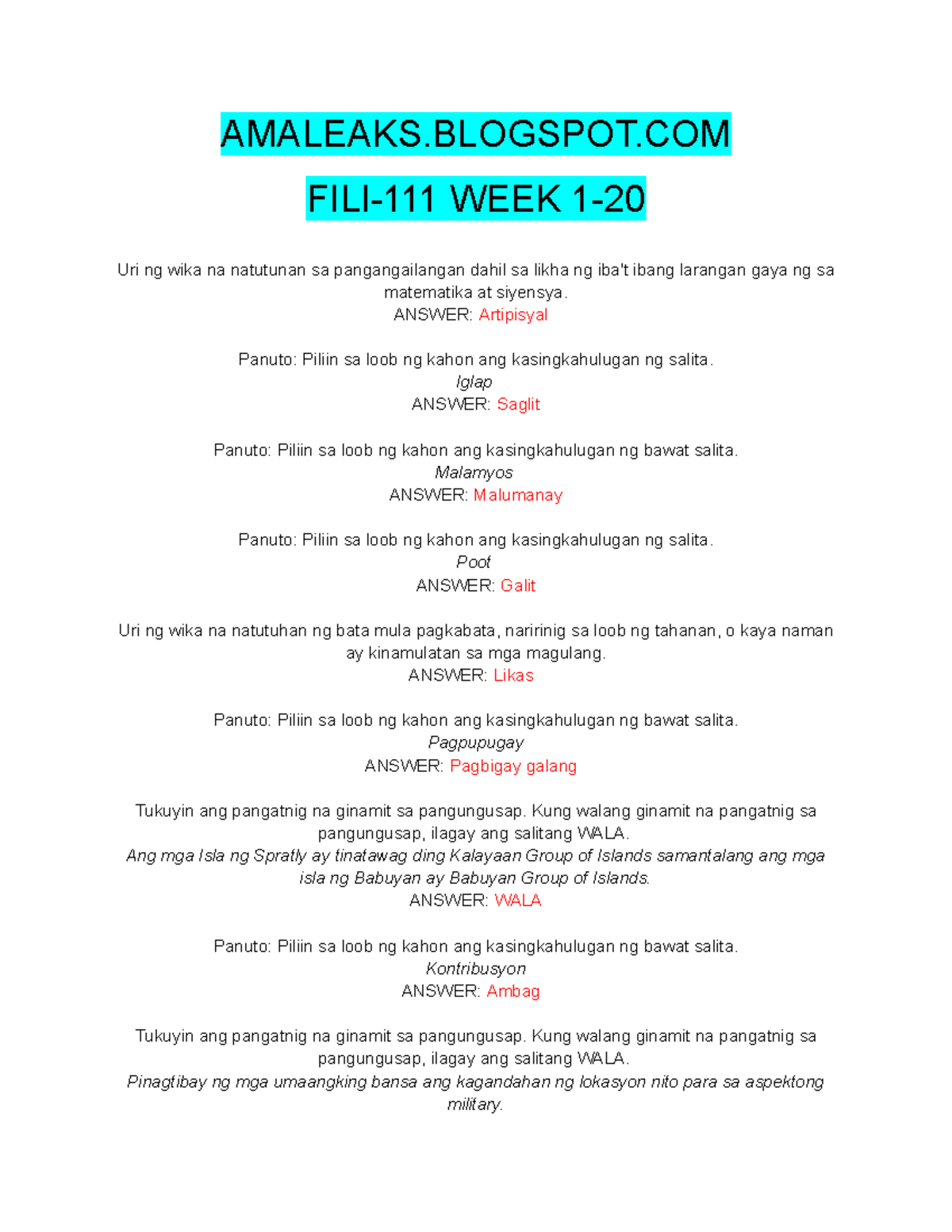 [ Amaleaks. Blogspot.COM] FILI-111 Week 1-20 - AMALEAKS FILI-111 WEEK 1- Uri ng wika na ...