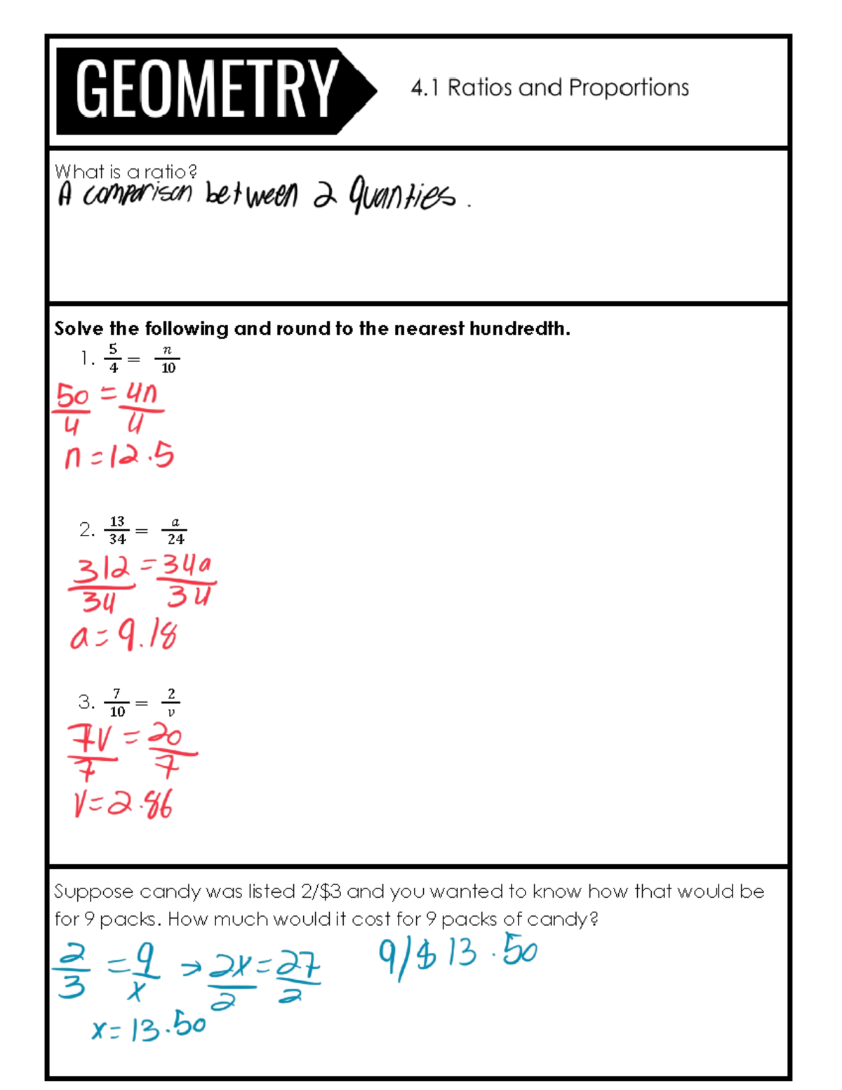 4.1 Ratios and Proportions Completed - What is a ratio? Solve the ...