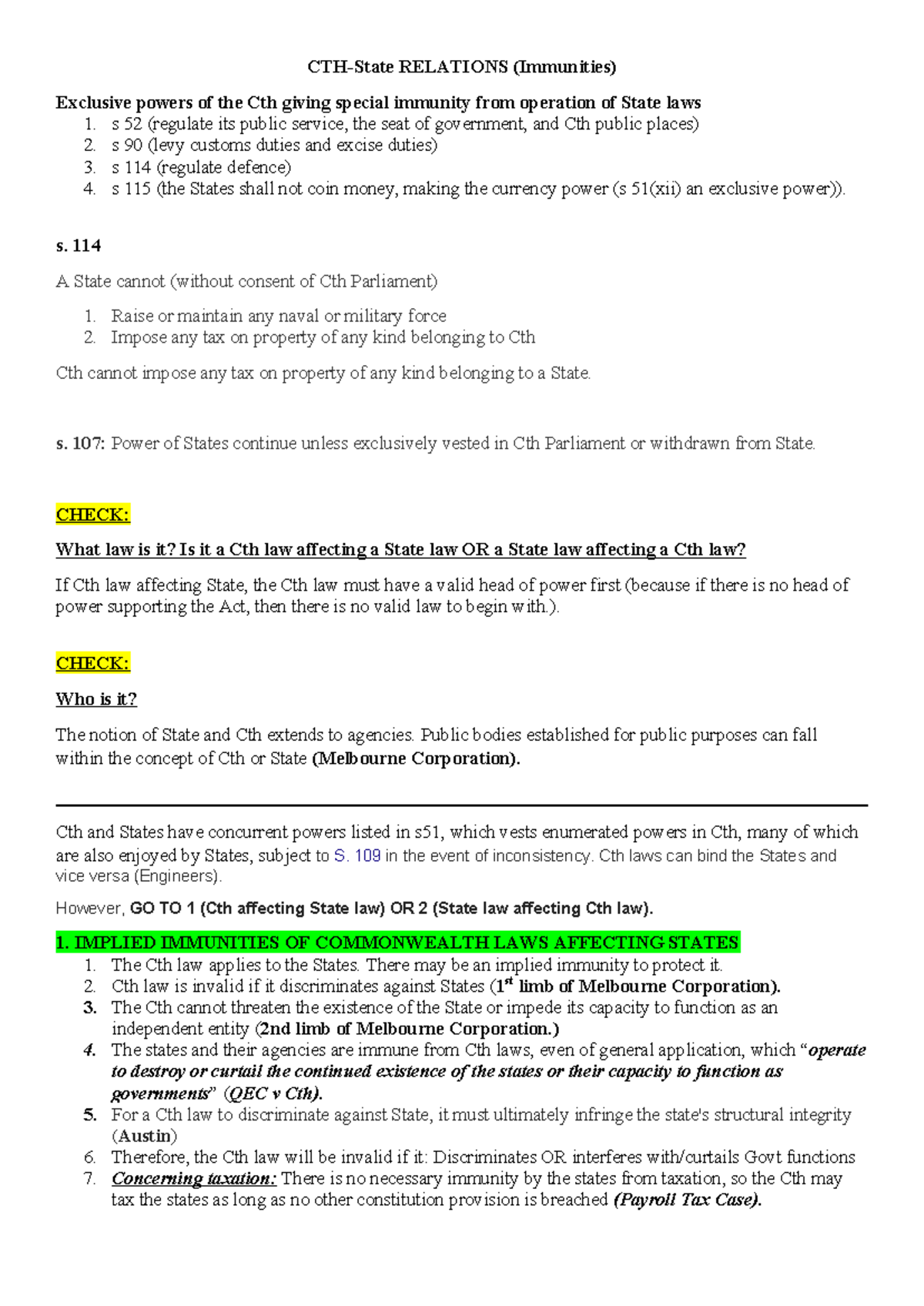 Cth and State relations DONE - CTH-State RELATIONS (Immunities ...