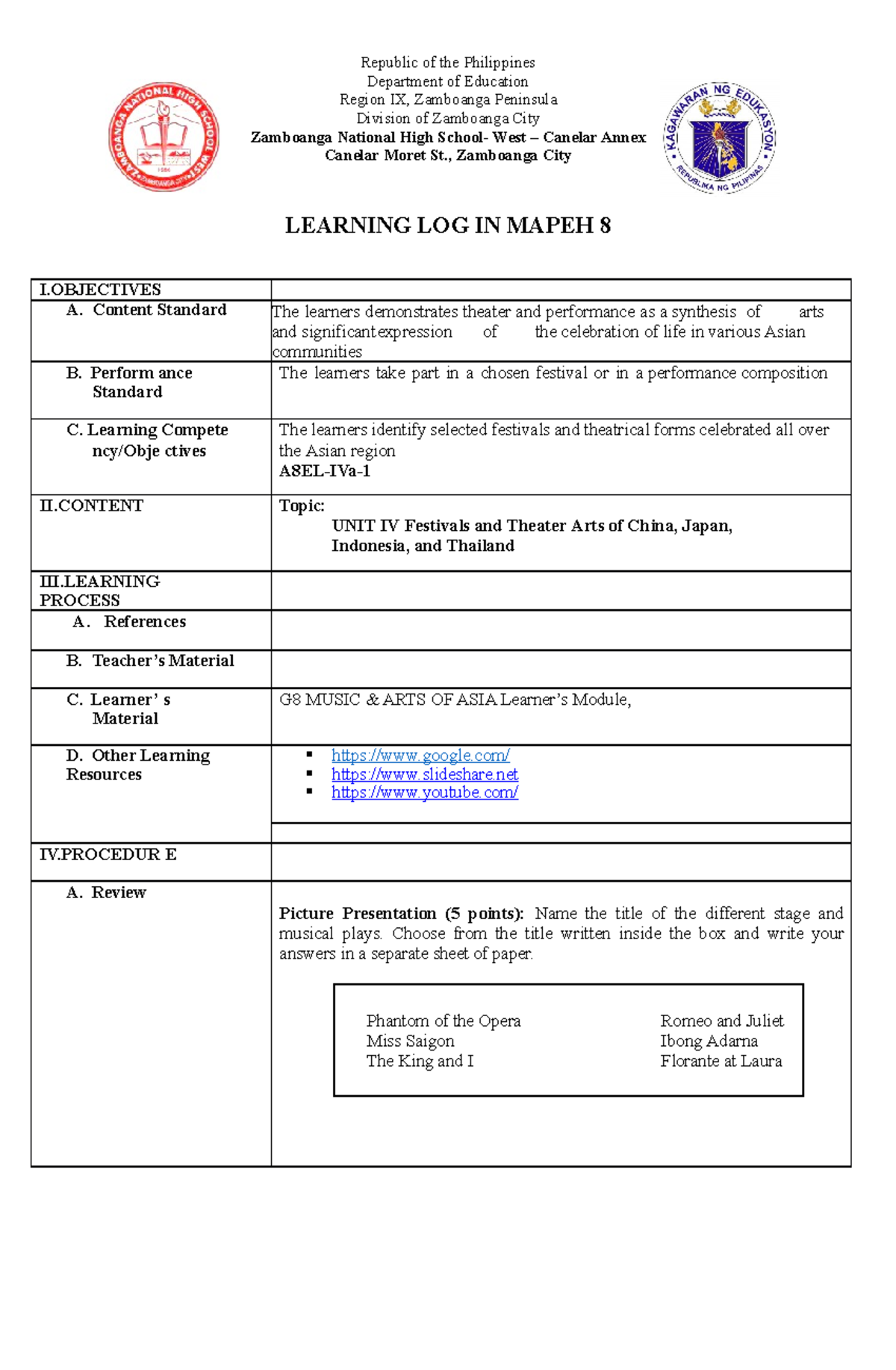 Mapeh 8 ART WEEK 1 - Republic of the Philippines Department of ...