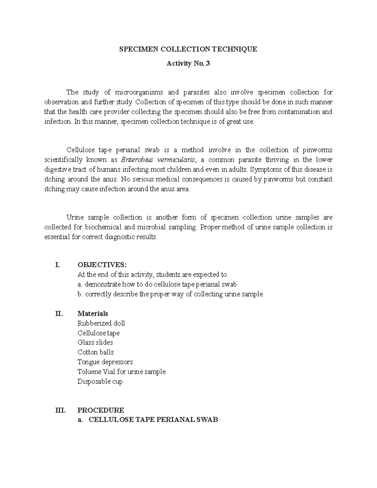 Specimen Collection - SPECIMEN COLLECTION TECHNIQUE Activity No. 3 The ...
