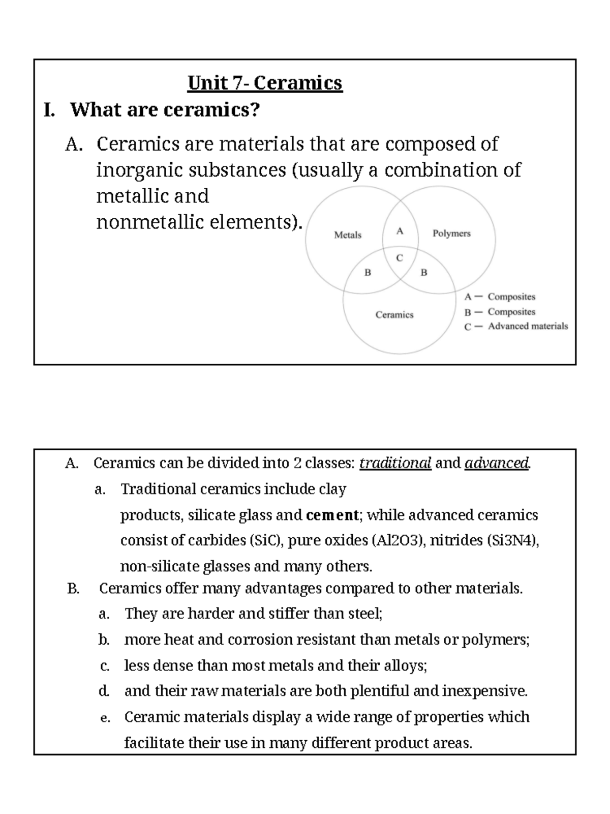 TCHR Notes 7 Ceramics - I. What are ceramics? A. Ceramics are materials ...