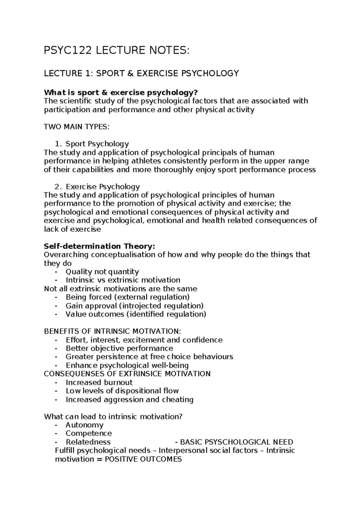 PSYC122 Lecture Notes - PSYC122 LECTURE NOTES: LECTURE 1: SPORT ...