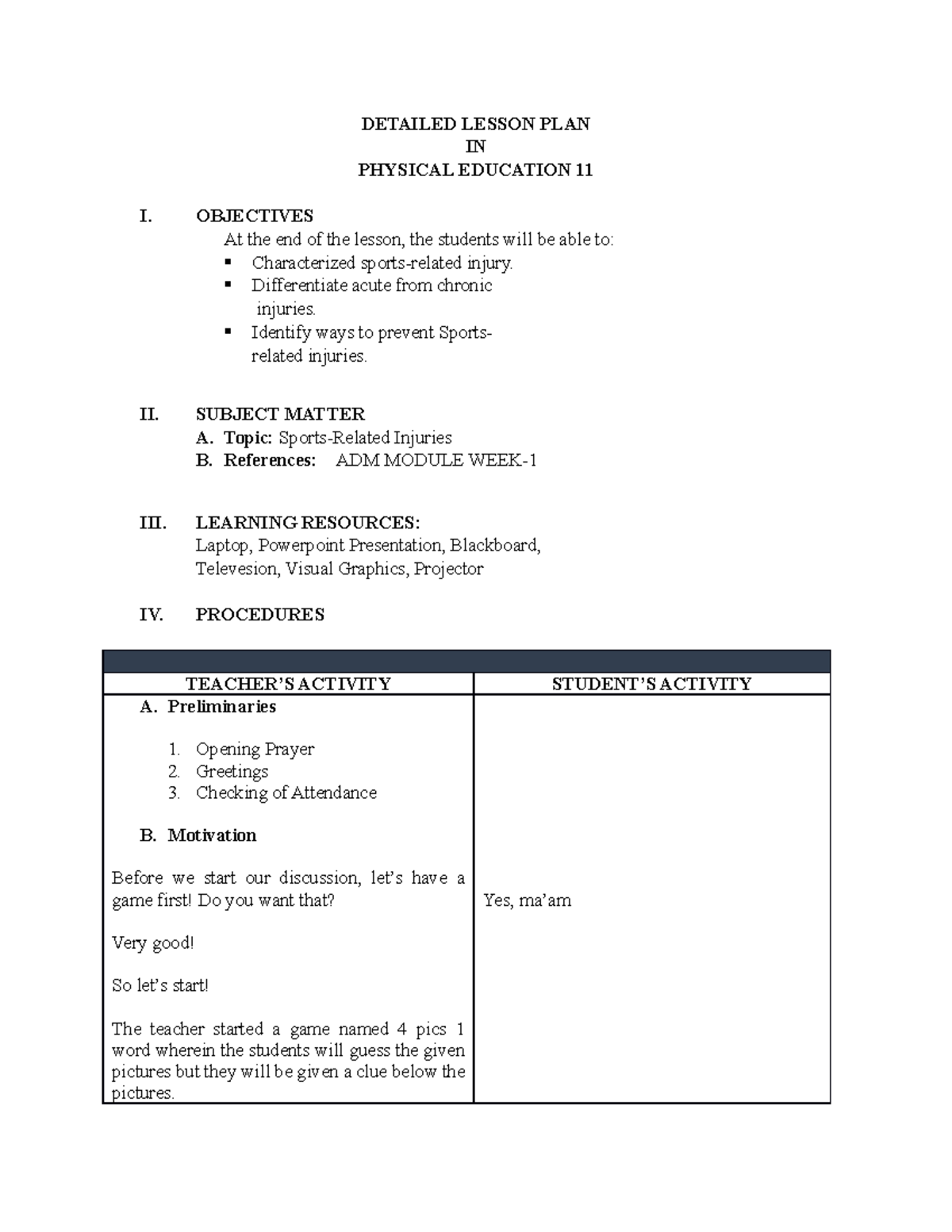 Sports Related Injuries (DE) - Copy - DETAILED LESSON PLAN IN PHYSICAL ...