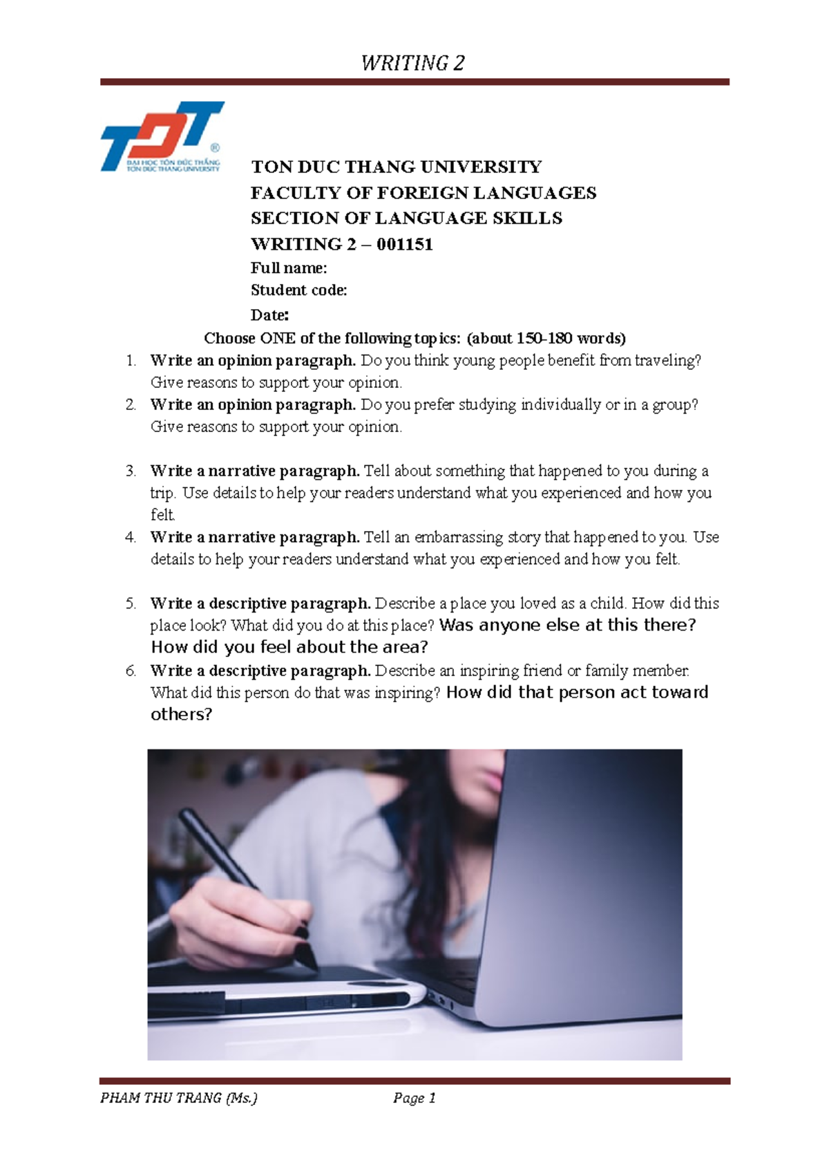 Paragraph Writing 1 - Write a essay - WRITING 2 TON DUC THANG ...