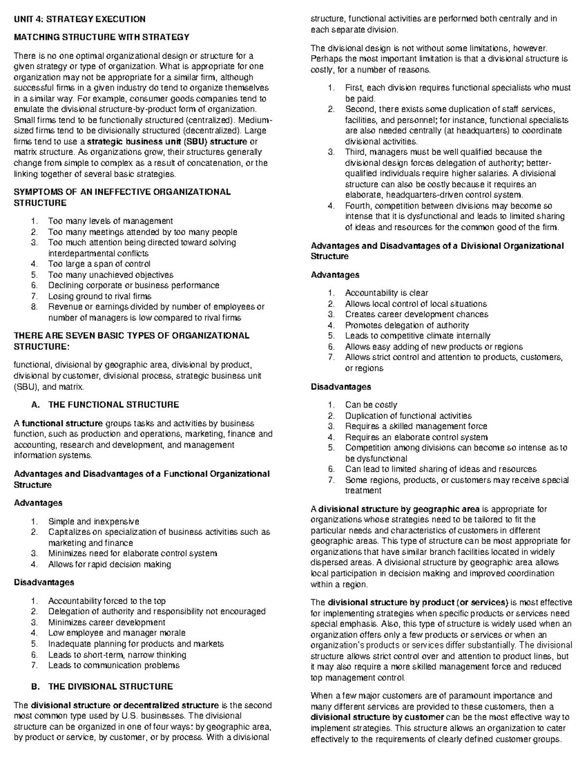 UNIT 4 - Strategic Management - UNIT 4: STRATEGY EXECUTION MATCHING ...