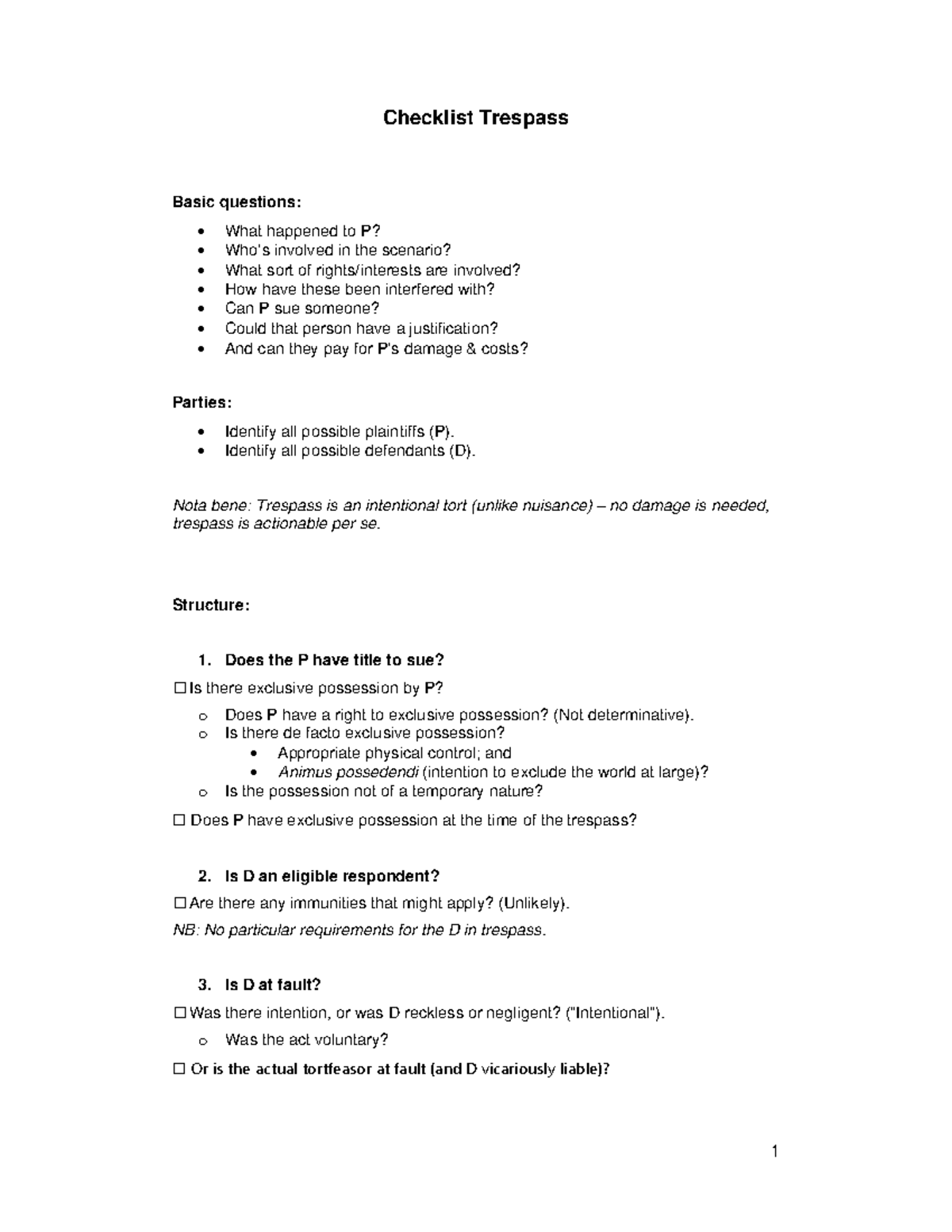 Checklist Trespass - exam notes - 1 Checklist Trespass Basic questions ...