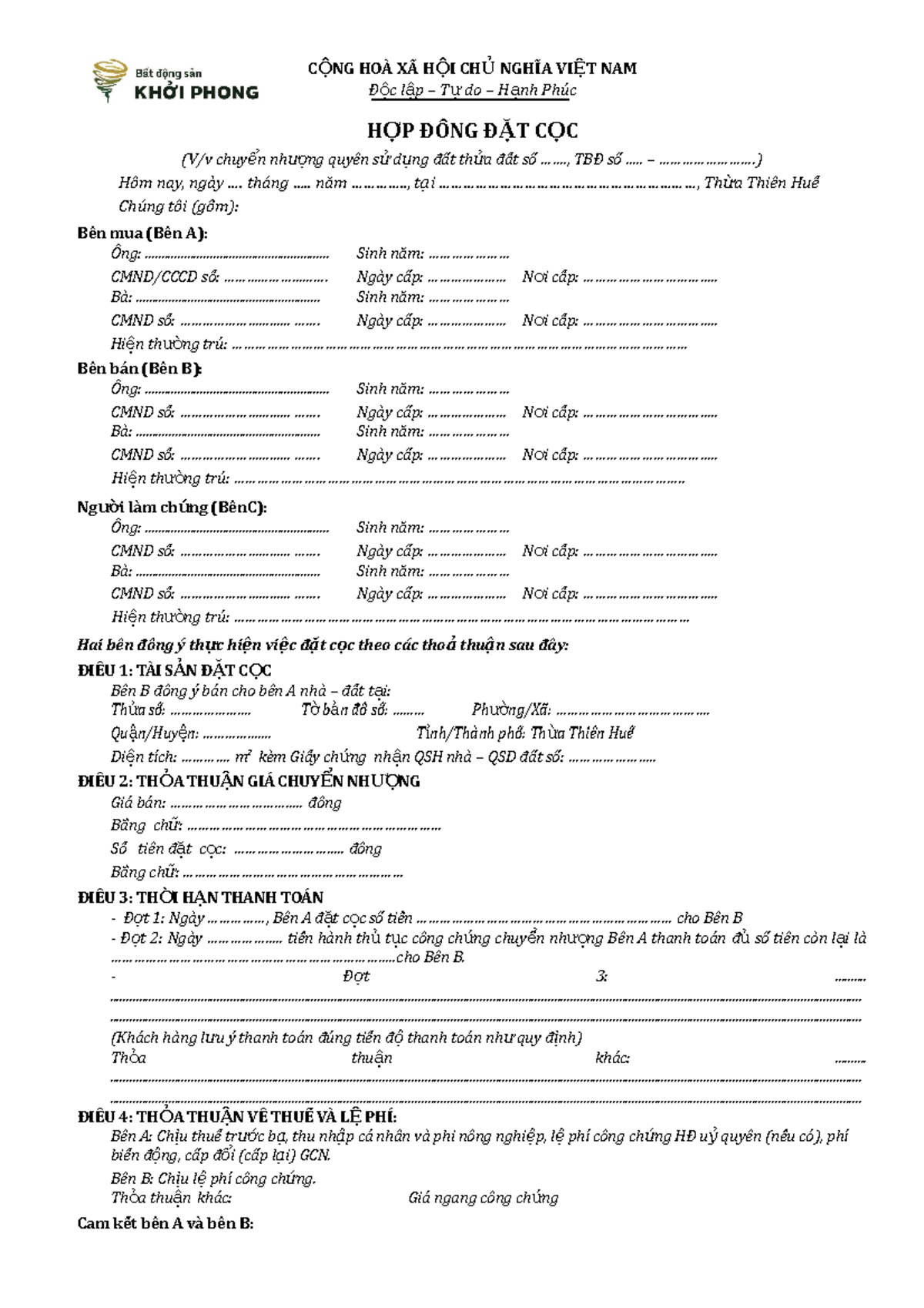 Mẫu HỢP ĐỒNG ĐẶT CỌC - Copy - C ỘNG HOÀ XÃ H ỘI CH Ủ NGHĨA VI ỆT NAM Đ c l p – Tộ ậ ự do – H nh ...