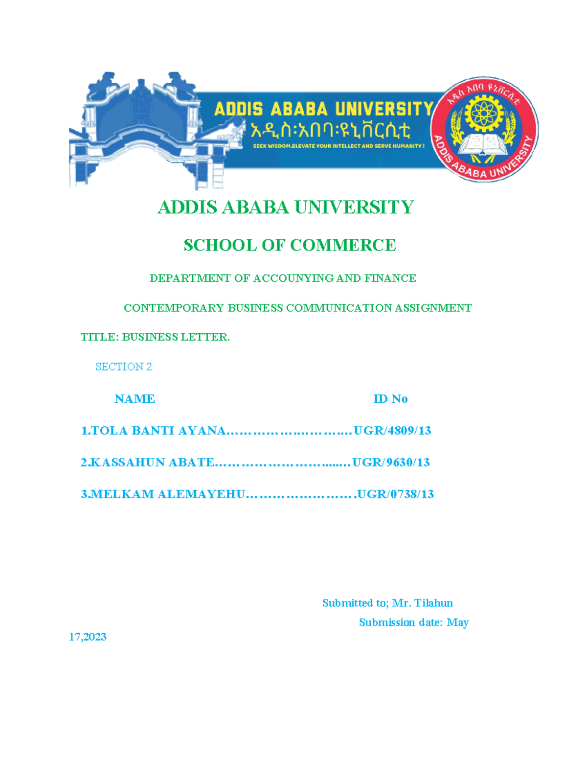Business Letter Group Assignment - ADDIS ABABA UNIVERSITY SCHOOL OF ...